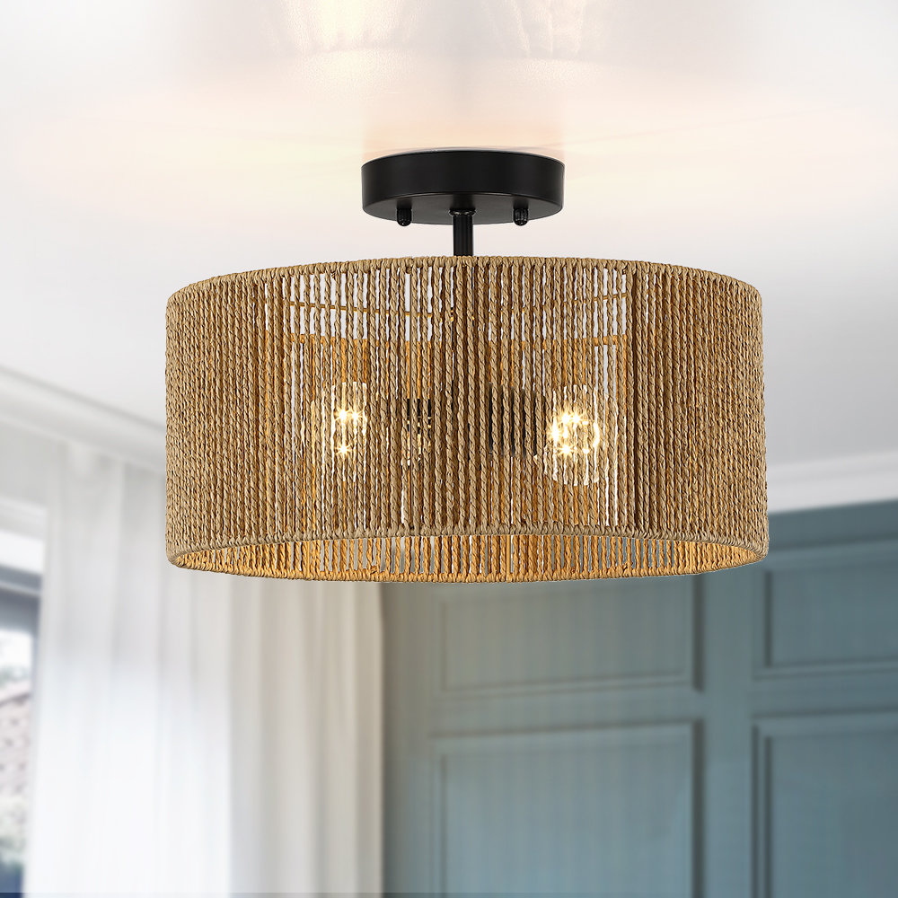 True Fine 2 - Light 14-in Woven Rope Drum Semi Flush Mount Ceiling ...