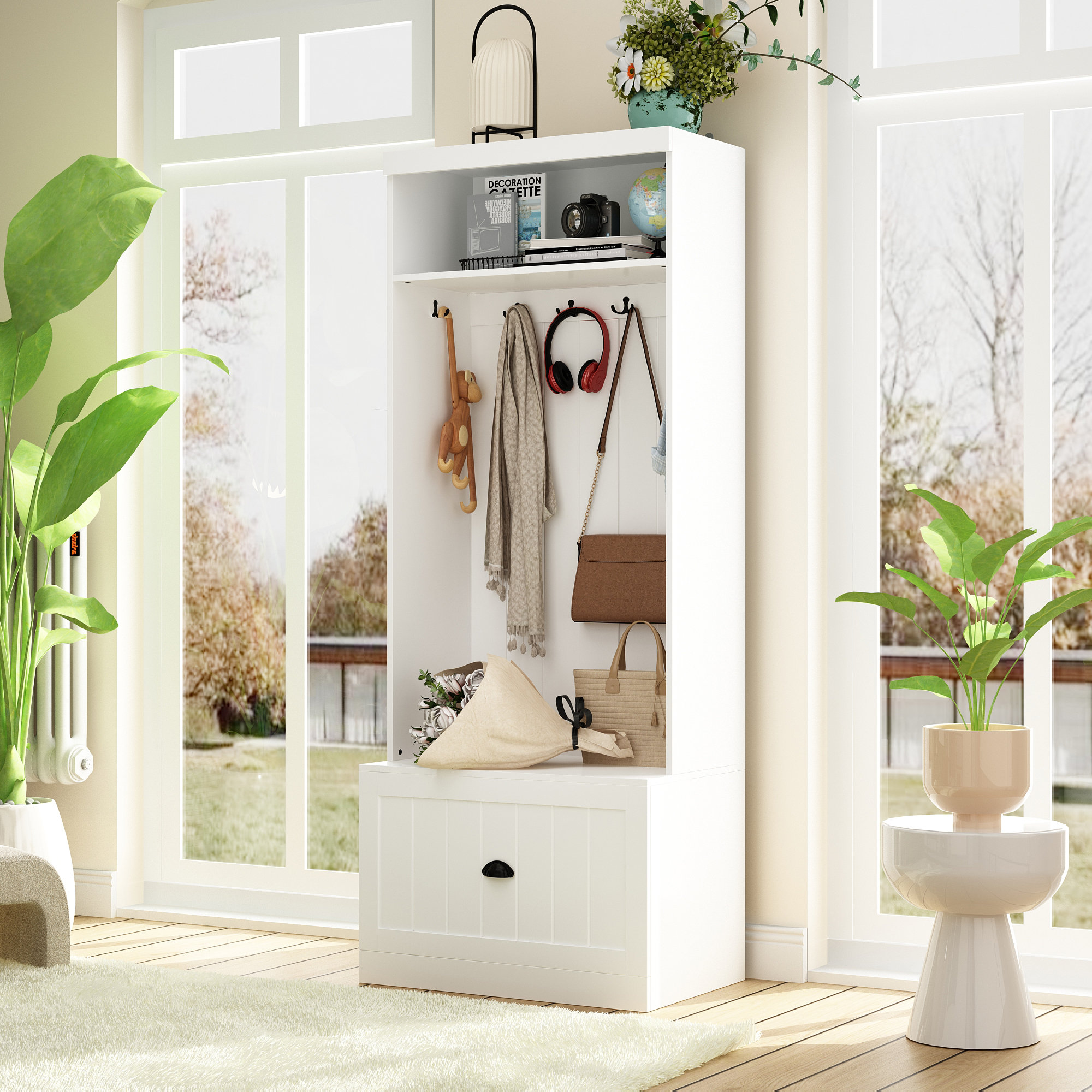 Ebern Designs 1-Drawer & 1-Shelf Hall Tree With Bench And Metal Hooks ...