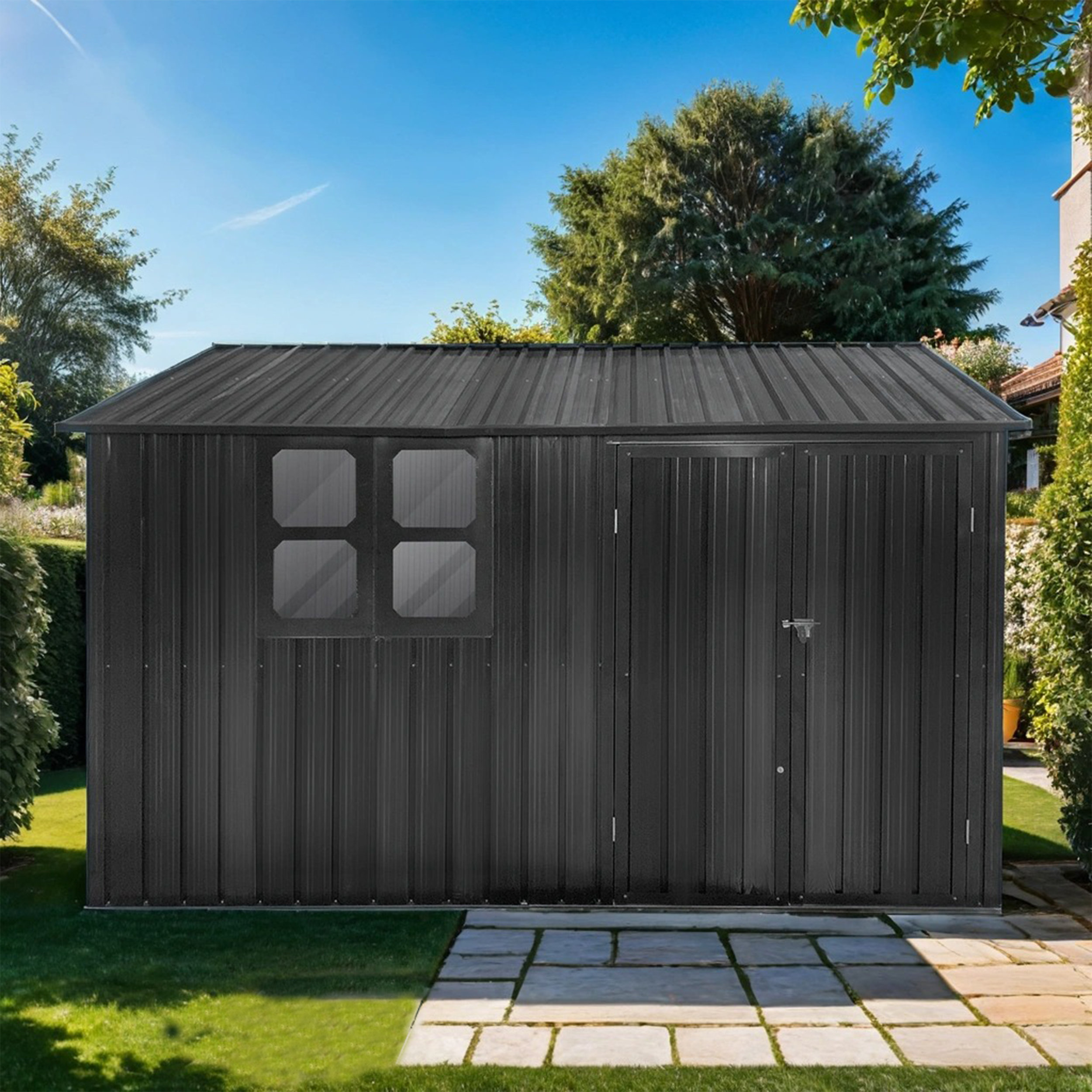 Olde Homey Styles Dark-Grey Metal Garden Shed with Window - Outdoor ...