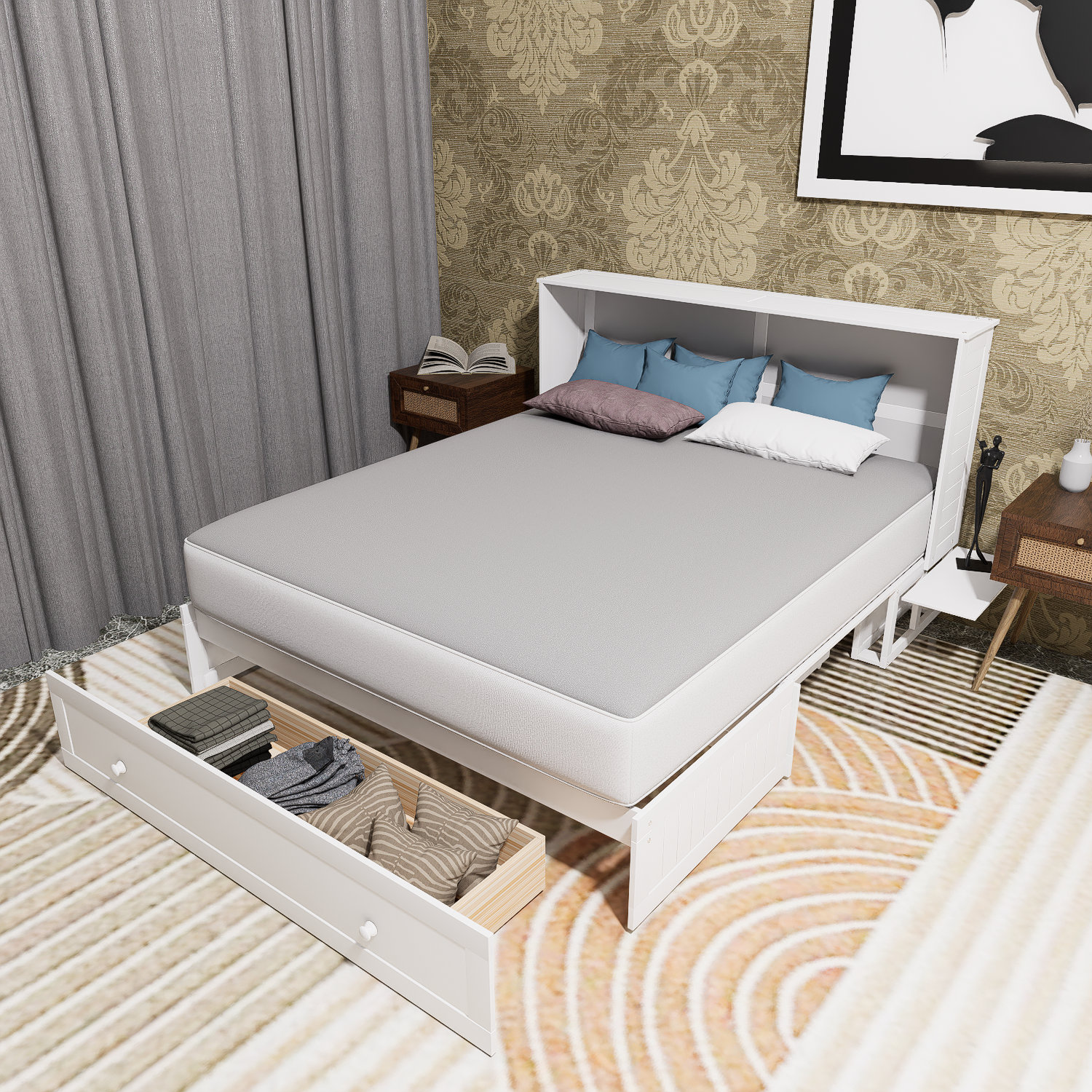 Latitude Run® White Queen Size Mobile Murphy Bed With Drawers And Small ...