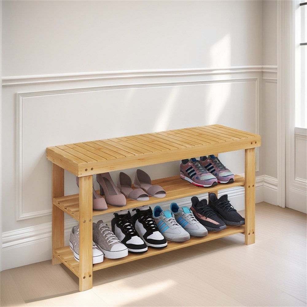 Red Barrel Studio Bamboo Shoe Rack Bench, Three-Level Shoe Rack Storage ...