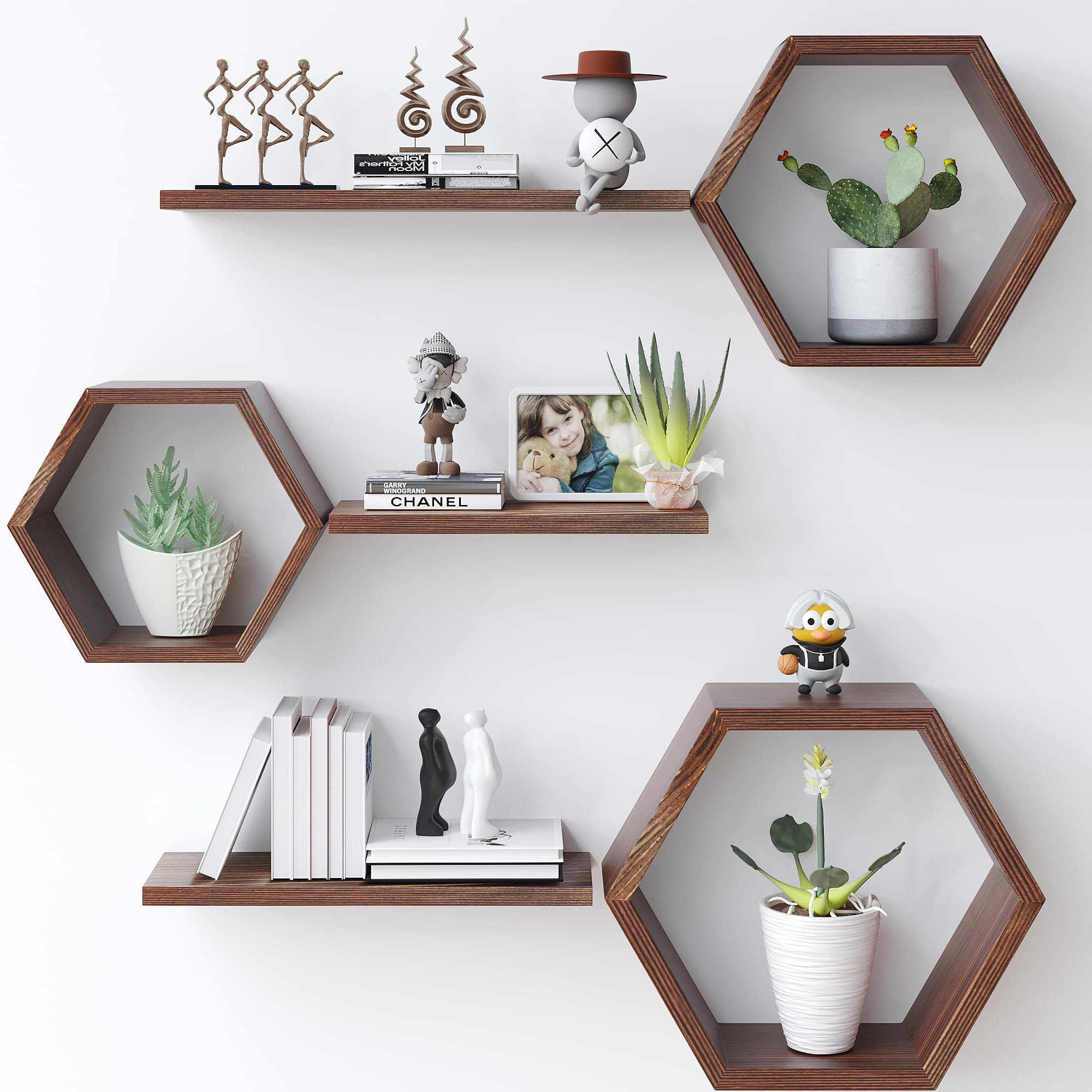 Corrigan Studio Wooden Hexagon Floating Shelves Wall Mounted - Set of 6 ...