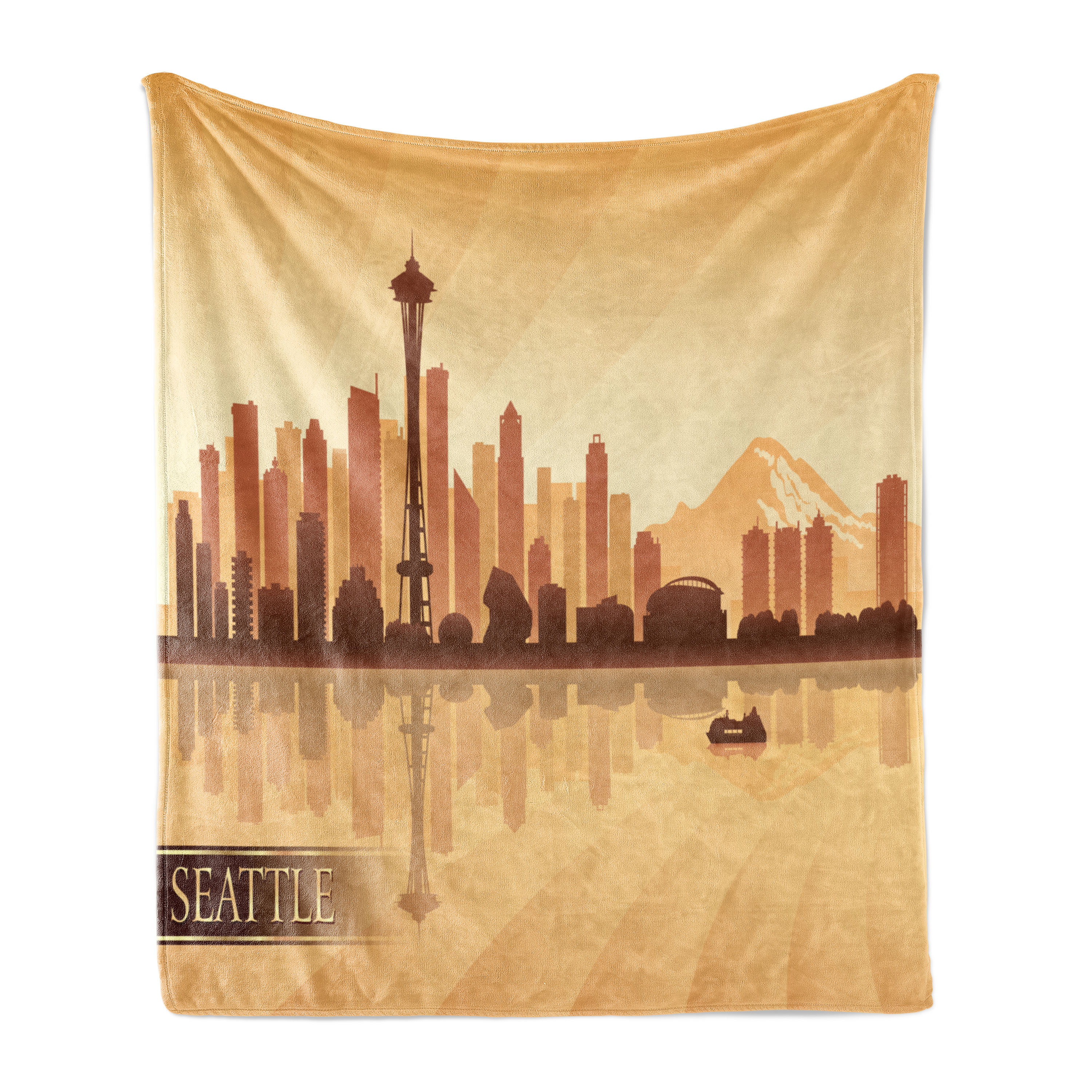 Ambesonne Seattle Skyline Fleece Throw Blanket Amber Tones Text ...