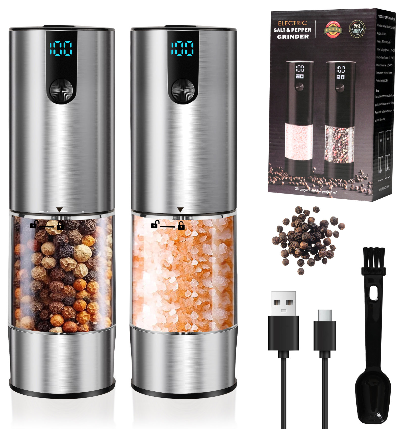 YMAM.LIGHT Electric Salt and Pepper Grinder Set - USB Rechargeable With ...