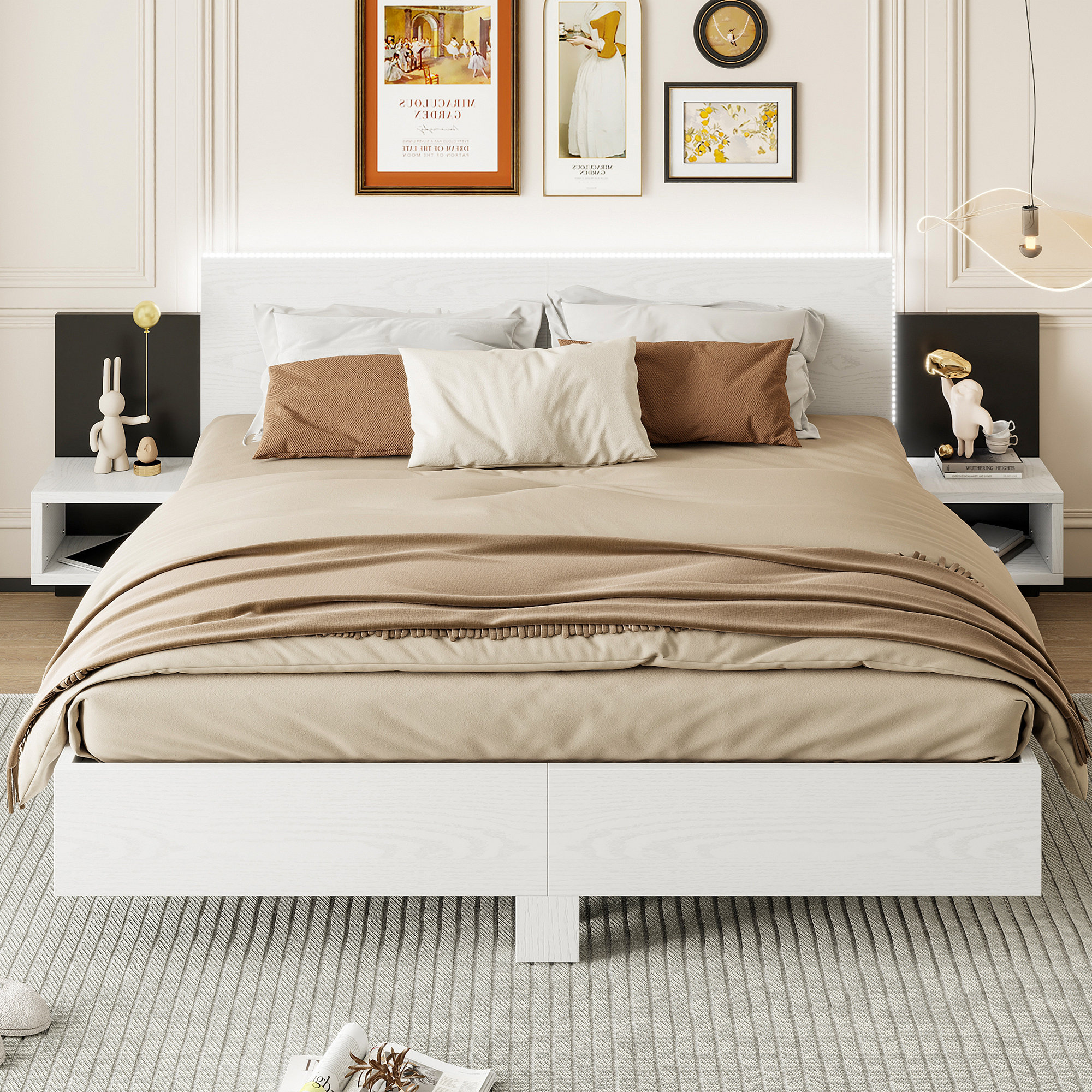 Orren Ellis Wooden Floating Platform Bed, With LED Lights, Bedside ...