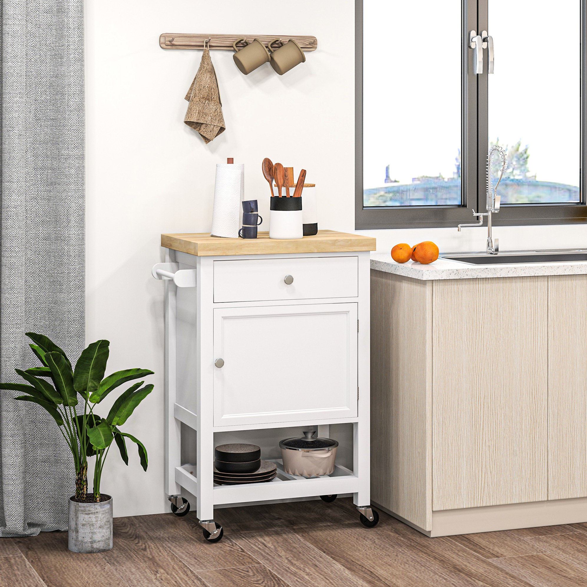 Red Barrel Studio Rolling Kitchen Counter Cart, White - Rubberwood Top ...