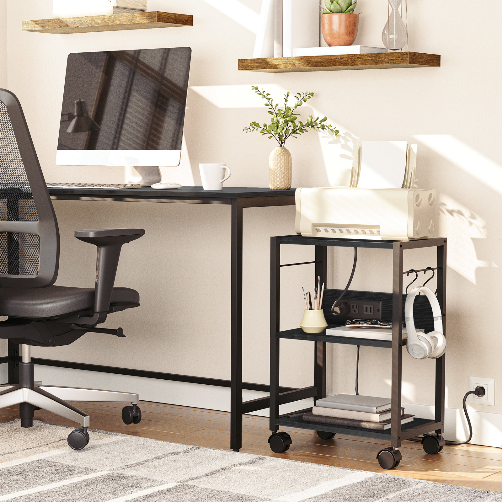 ALLOSWELL 3-Tier Mobile Printer Stand with Power Outlets and USB Ports ...