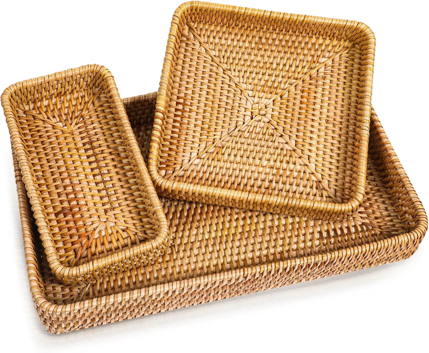 Gracie Oaks 3 Pack Rattan Rectangular Tray Wicker Storage Baskets Woven ...