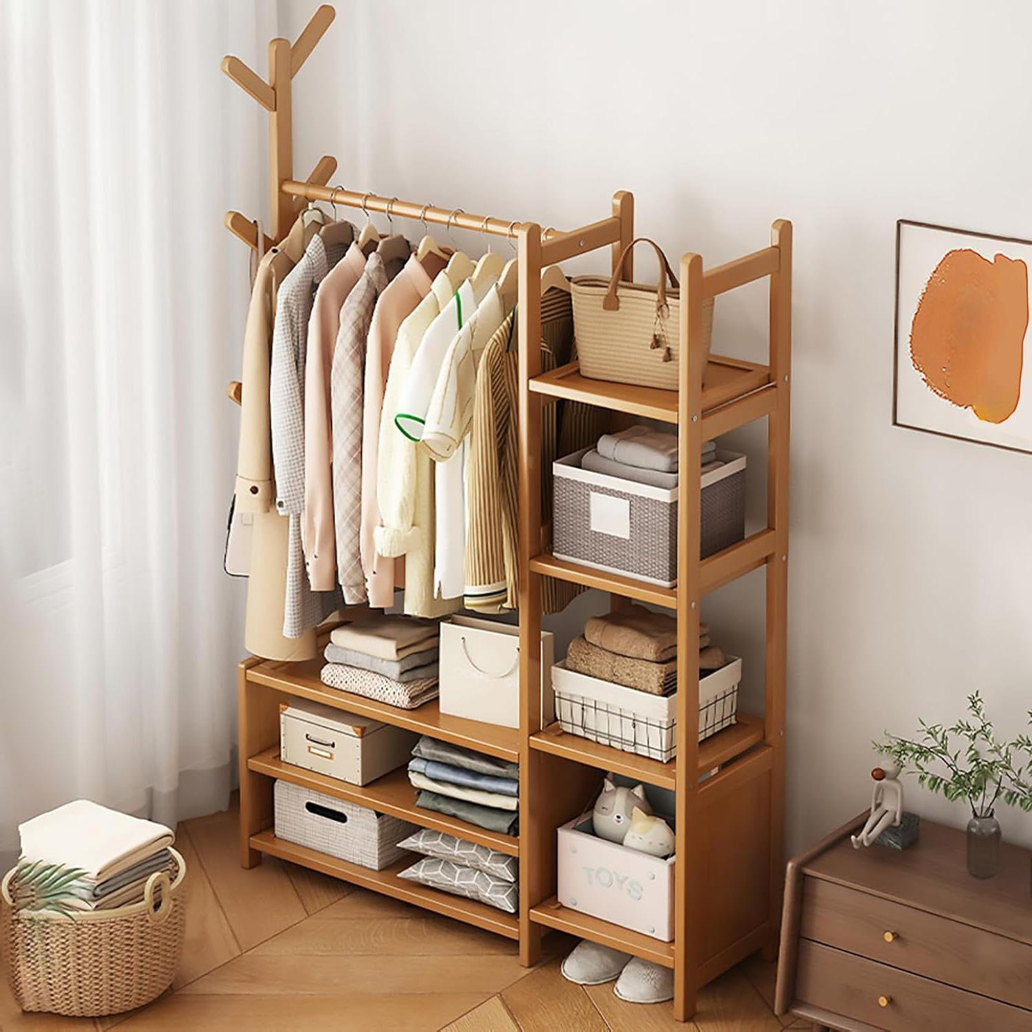Winston Porter Bamboo 39" W Clothingt Hanging Rack Storage Shelves With ...