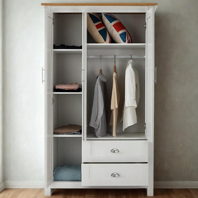 17 Stories 3-Door Bedroom Wardrobe with Hanging Rail, Shelves & Drawers ...