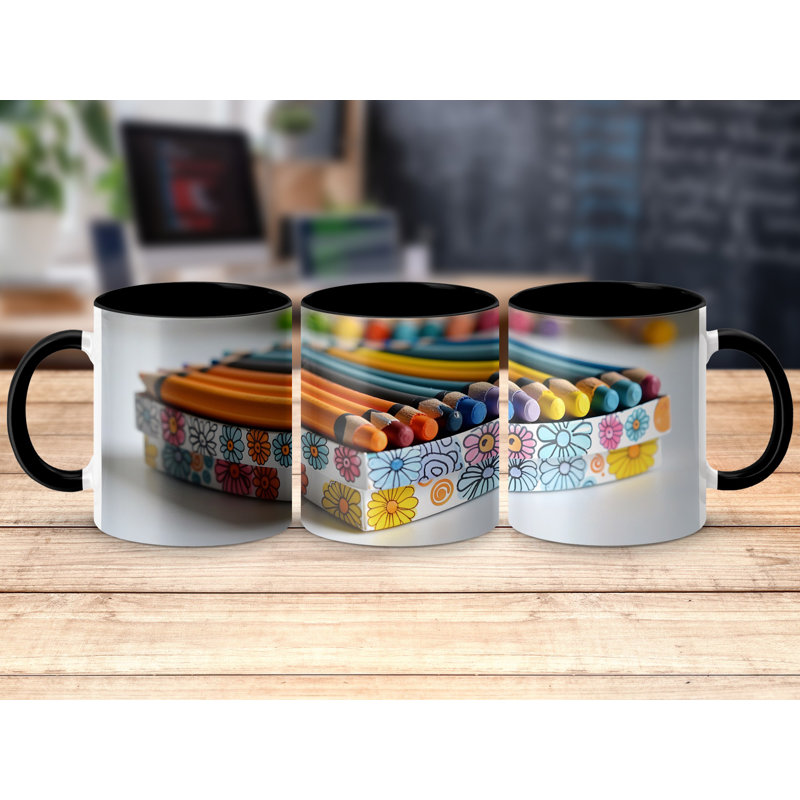East Urban Home Set of 3 Kids Drawing Style 11oz Accent Mugs – White ...