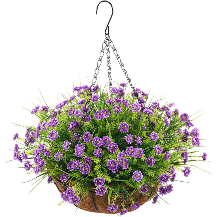 Primrue Faux Silk Baby's Breath Hanging Basket Arrangement in Basket ...