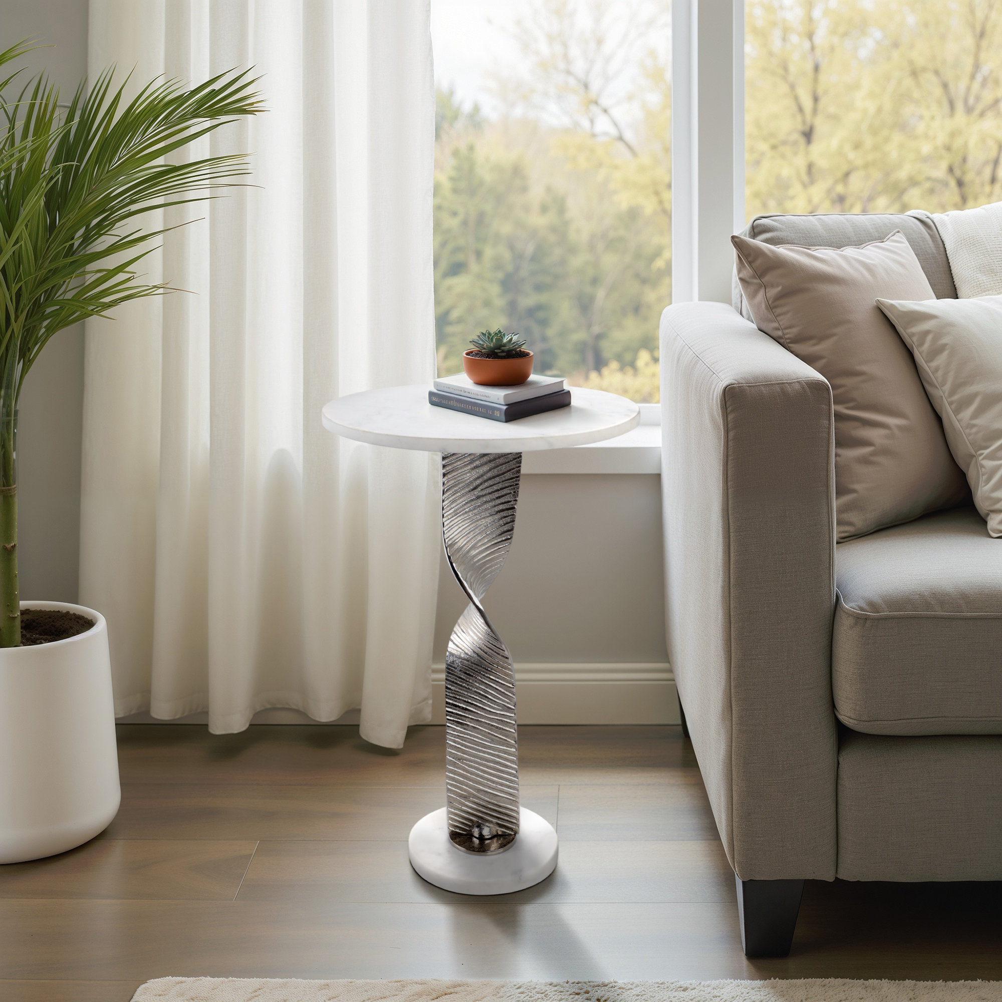 Ebern Designs 24" Metal Etched Round, Twisted Base Accent Table - 15" x ...