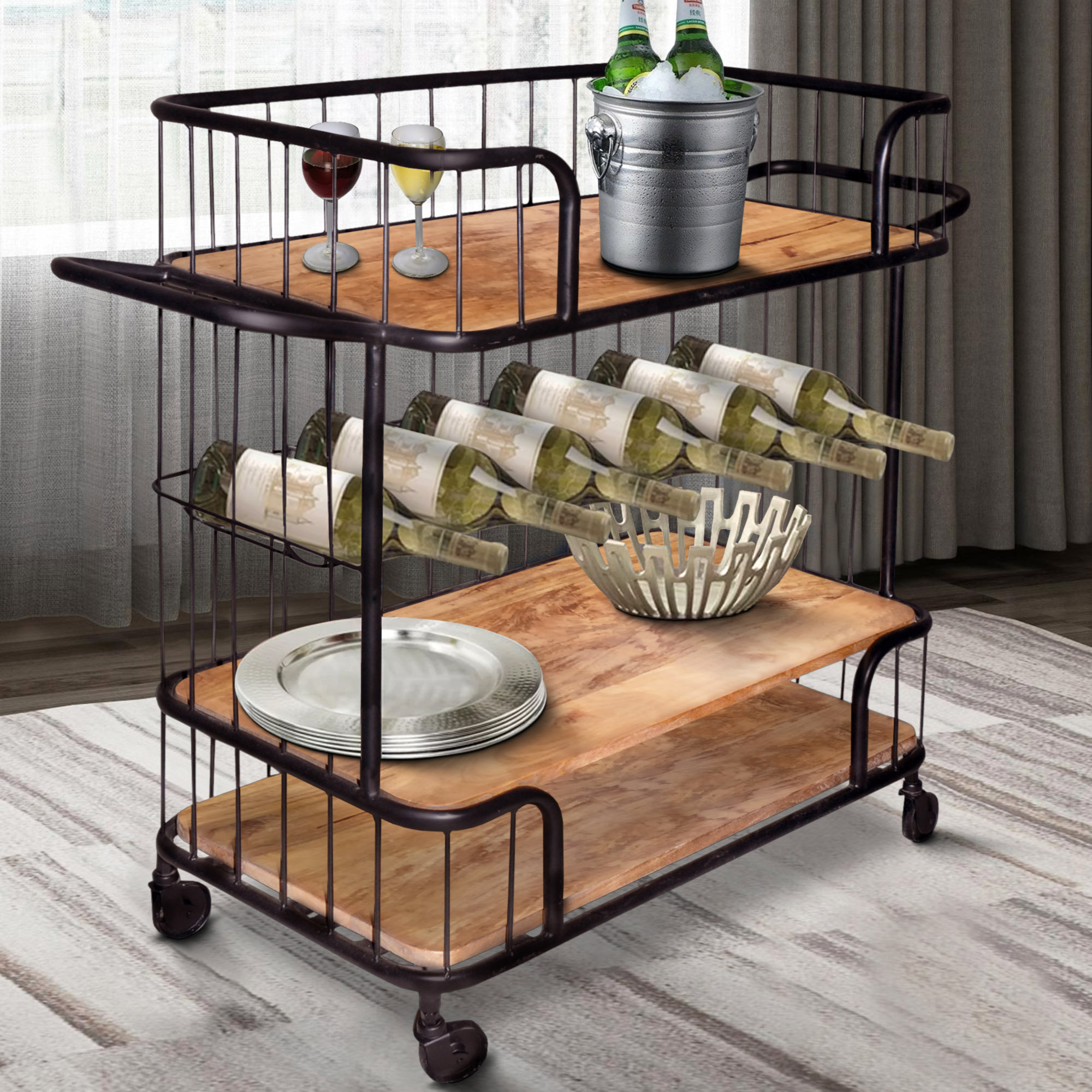 17 Stories Dashaya Metal Frame Bar Cart with Wooden Top and 2 Shelves ...