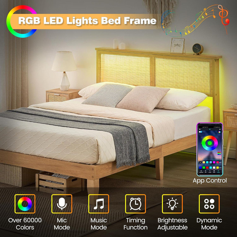 Wrought Studio™ Queen LED Bed Frame With Natural Rattan Headboard ...