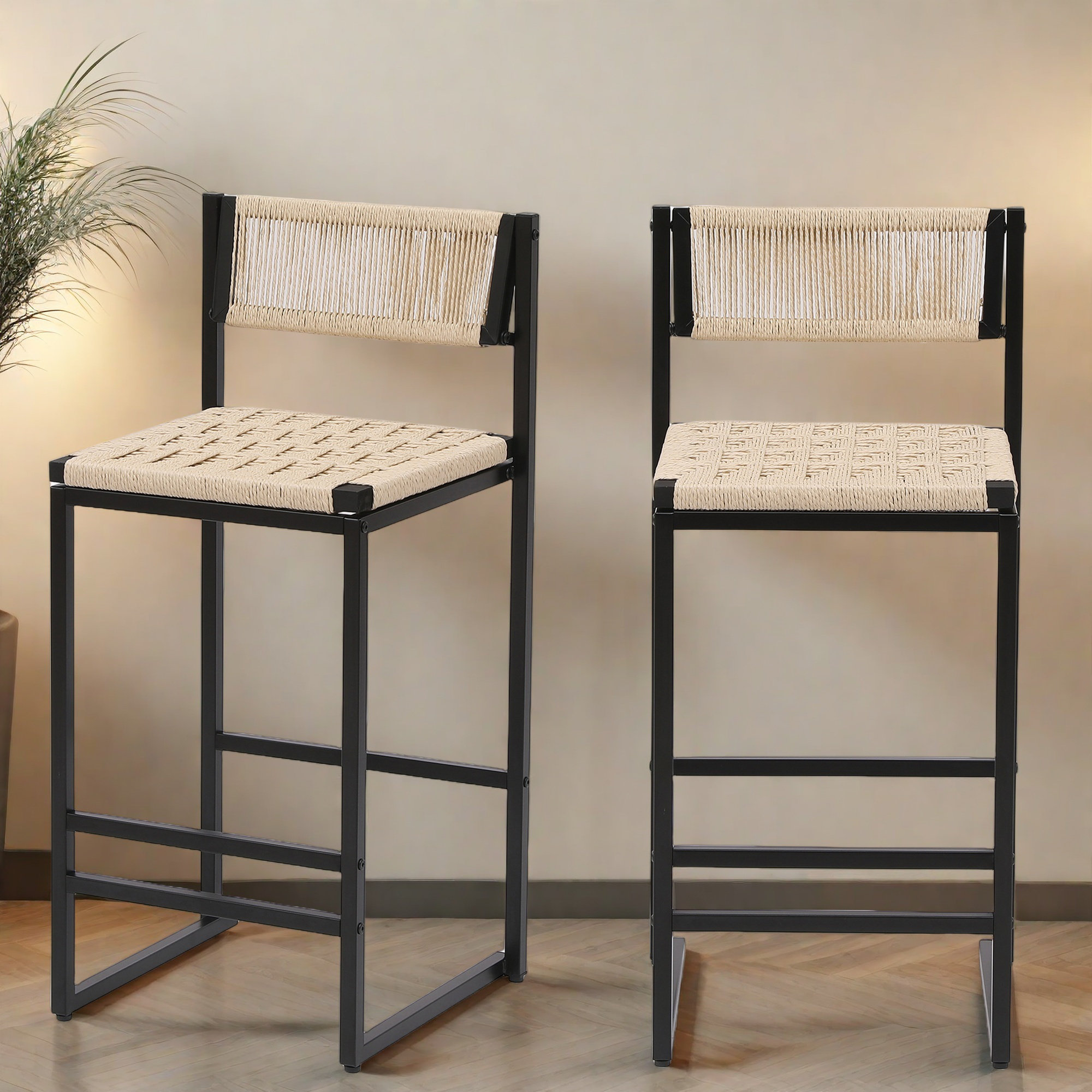 Latitude Run® Set Of 2 Hand Woven Paper Rope Bar Stools With Backrest ...