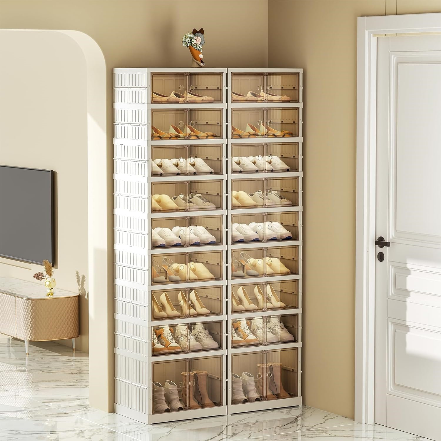 Rebrilliant 9 Tiers 36 Pairs Collapsible Shoe Rack With Doors,Large ...