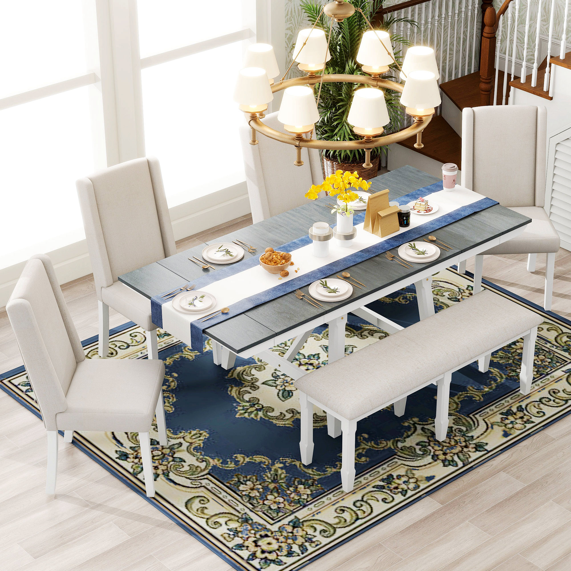BOMO 6-Piece Classic Dining Table Set, Rectangular Extendable Dining ...
