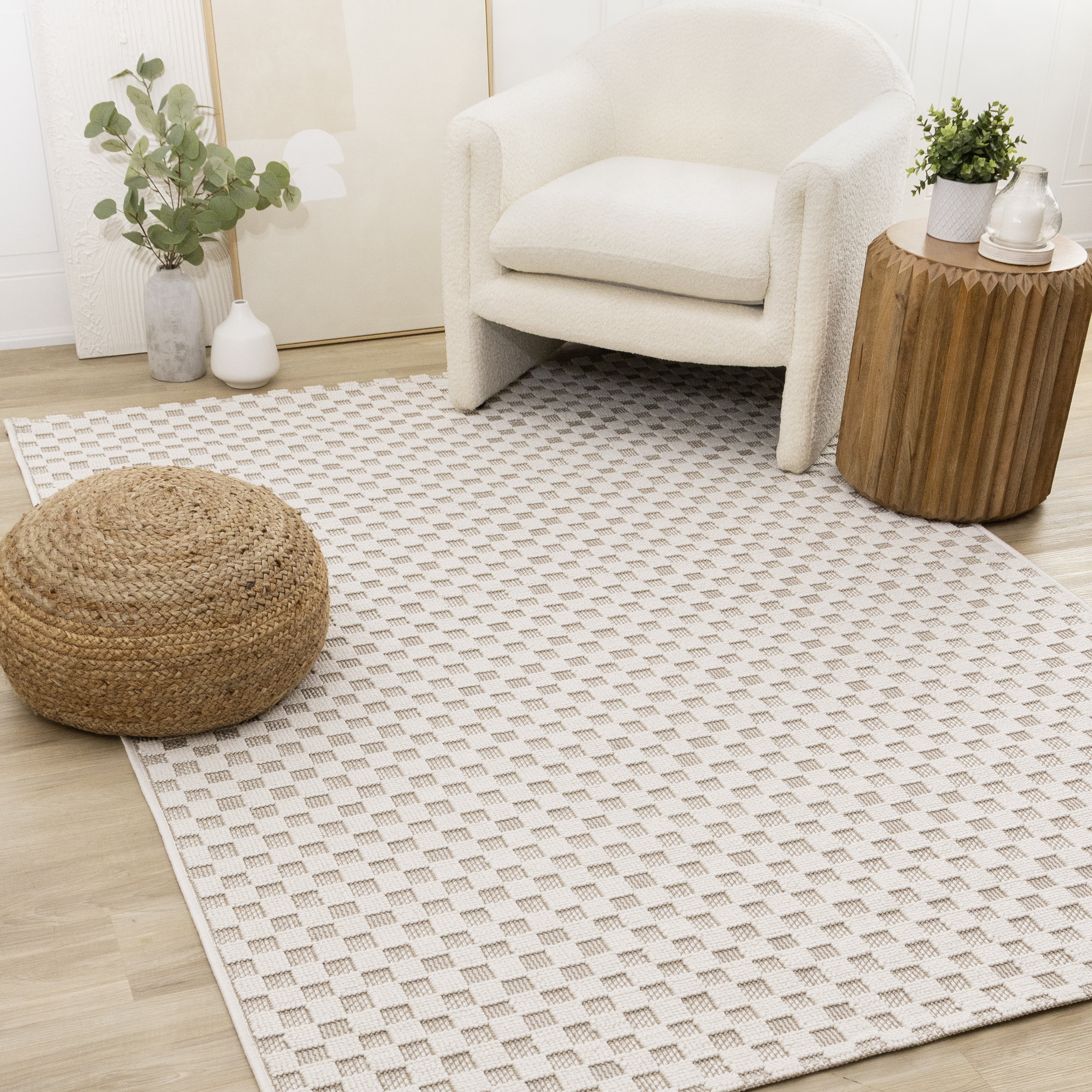 Latitude Run® Cano Modern Cream Small Checkers Looped Textured Area Rug ...
