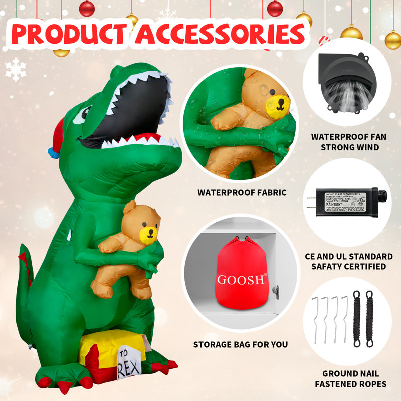 GOOSH Christmas Inflatable 6.5 FT Green Christmas Dinosaur Inflatable ...