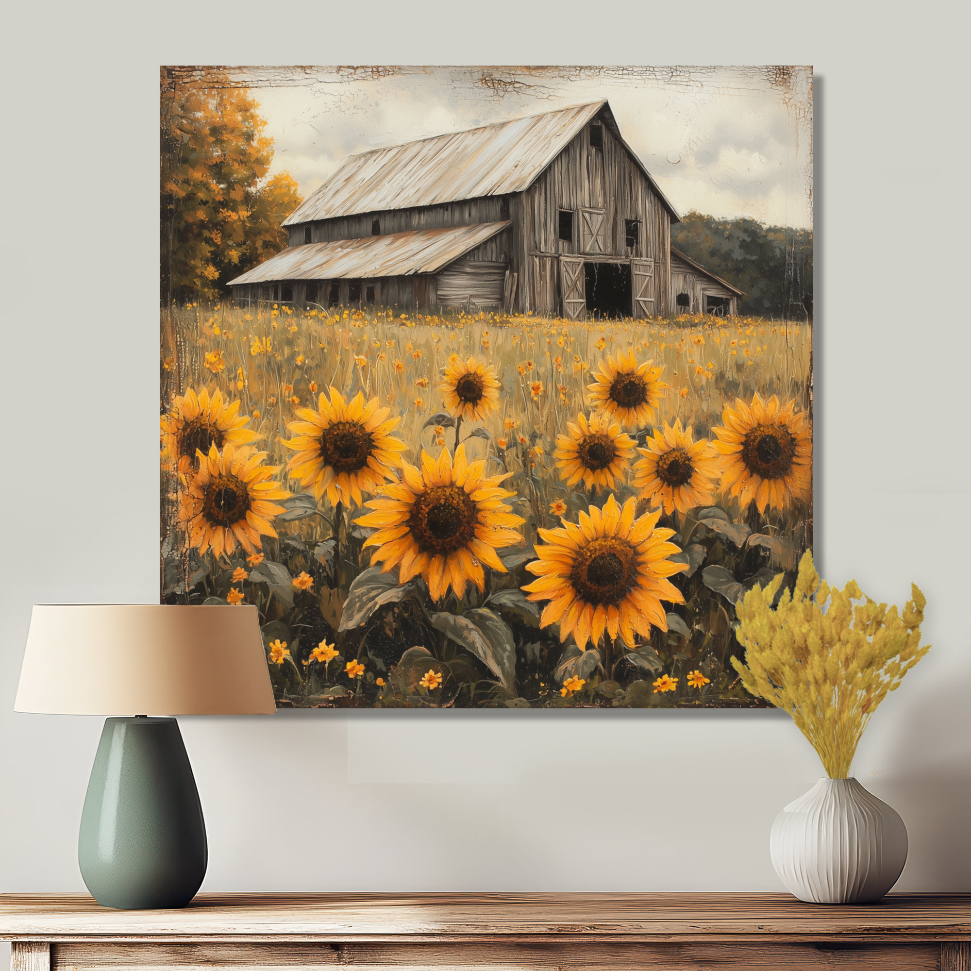 August Grove® Donard Sunflowers By The Old Wooden Barn II - Sunflowers ...