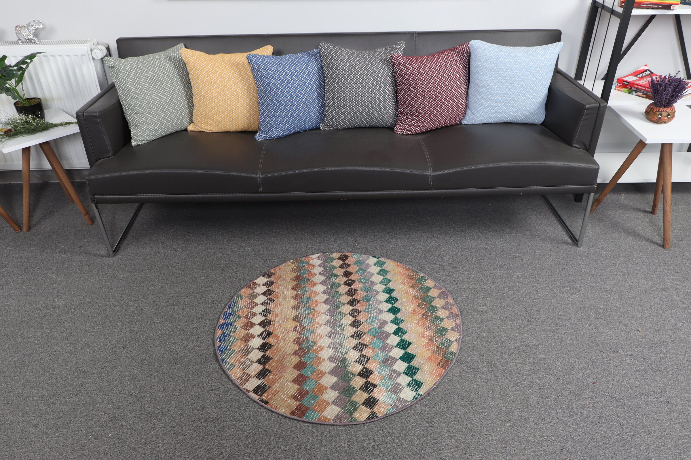 Union Rustic Small Round Turkish Oushak Rug With Rainbow Checkered ...