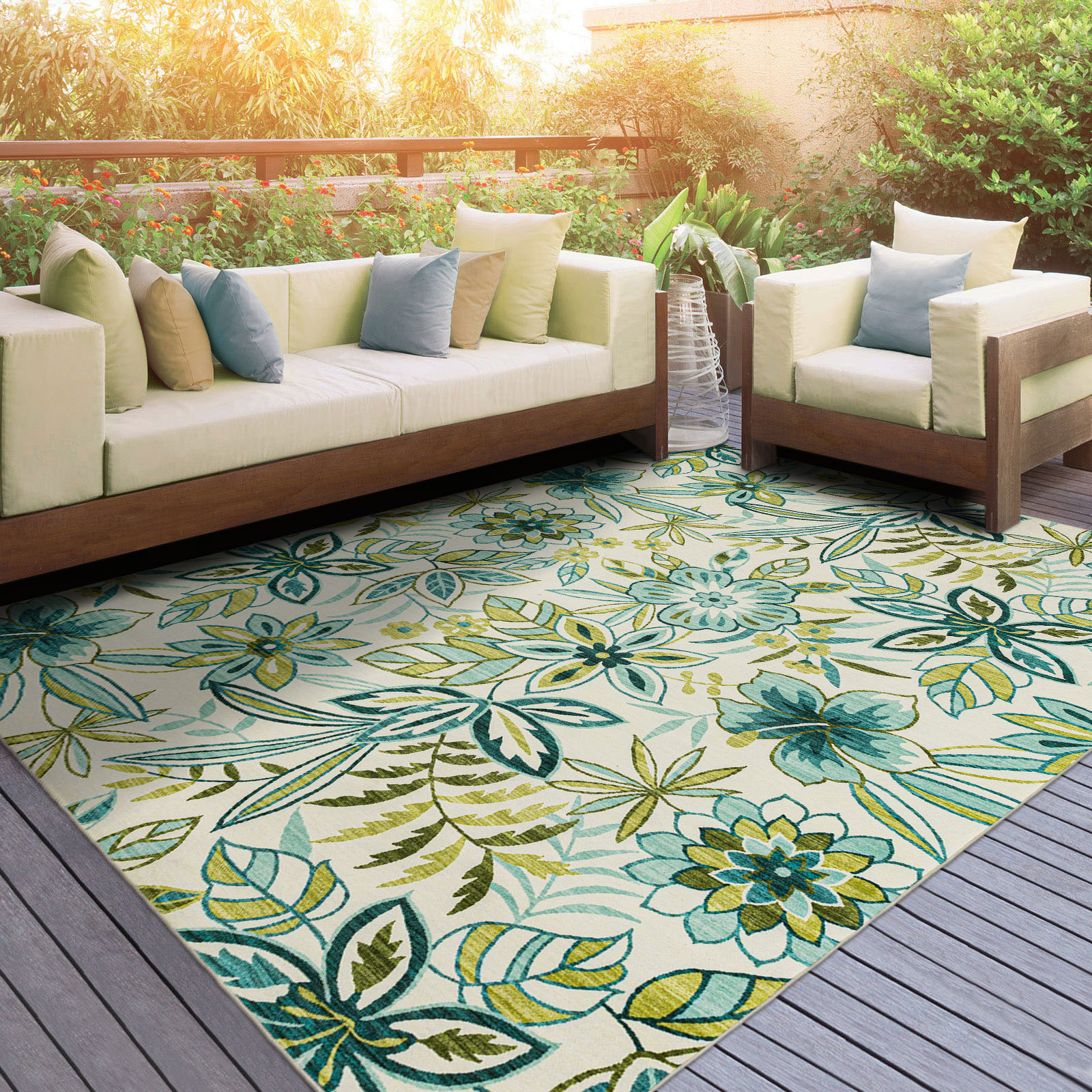DECOMALL Blodewn Outdoor Rug Floral Design Performance Area Rug Green ...