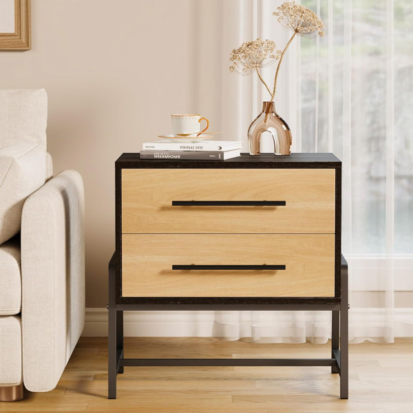Ebern Designs Farmhouse Nightstand With Drawers, Light Wood Side Table ...