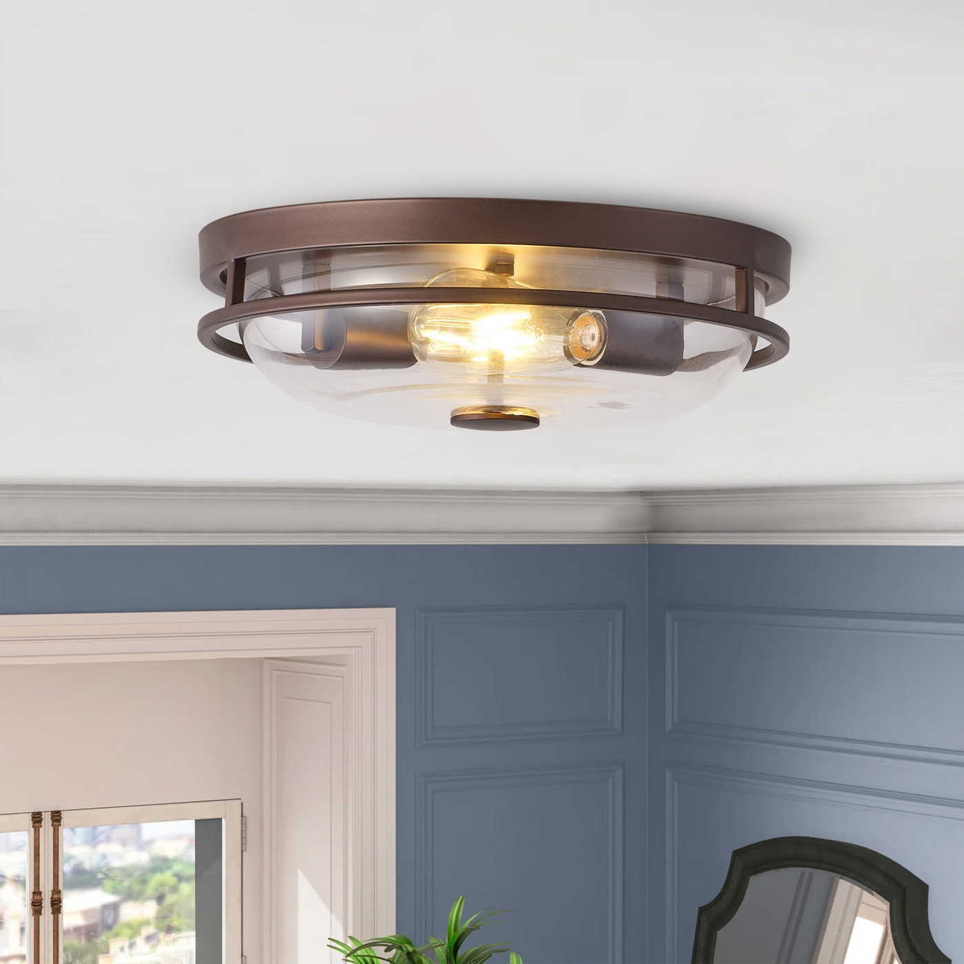 17 Stories 2-Lamp Brown Transparent Glass Dimmable Iron Ceiling Light ...