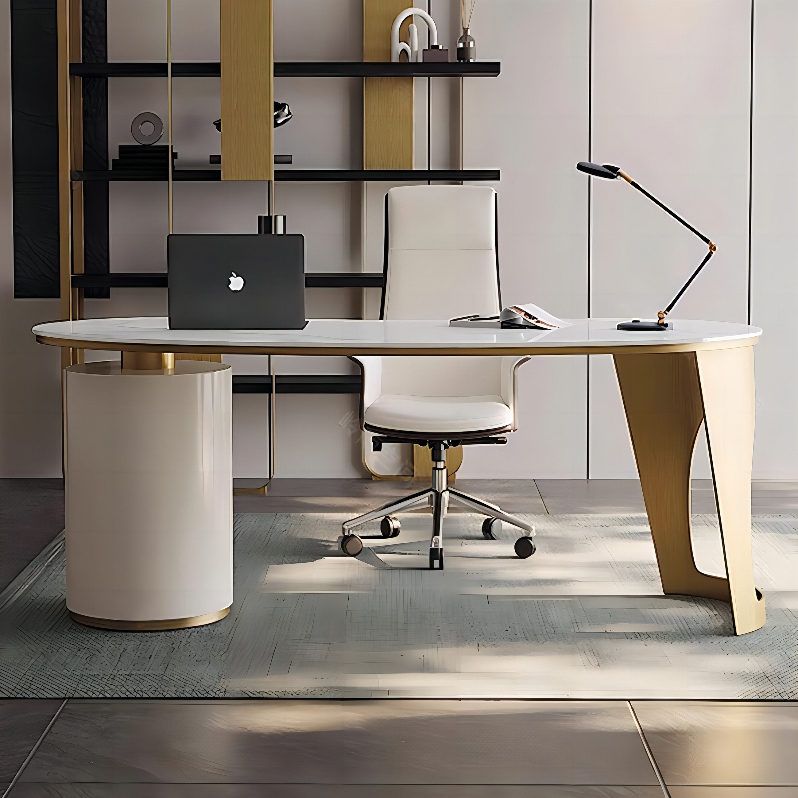 Brass Foam White and Gold Crescent Sintered Stone Writing Desk,3-drawer ...