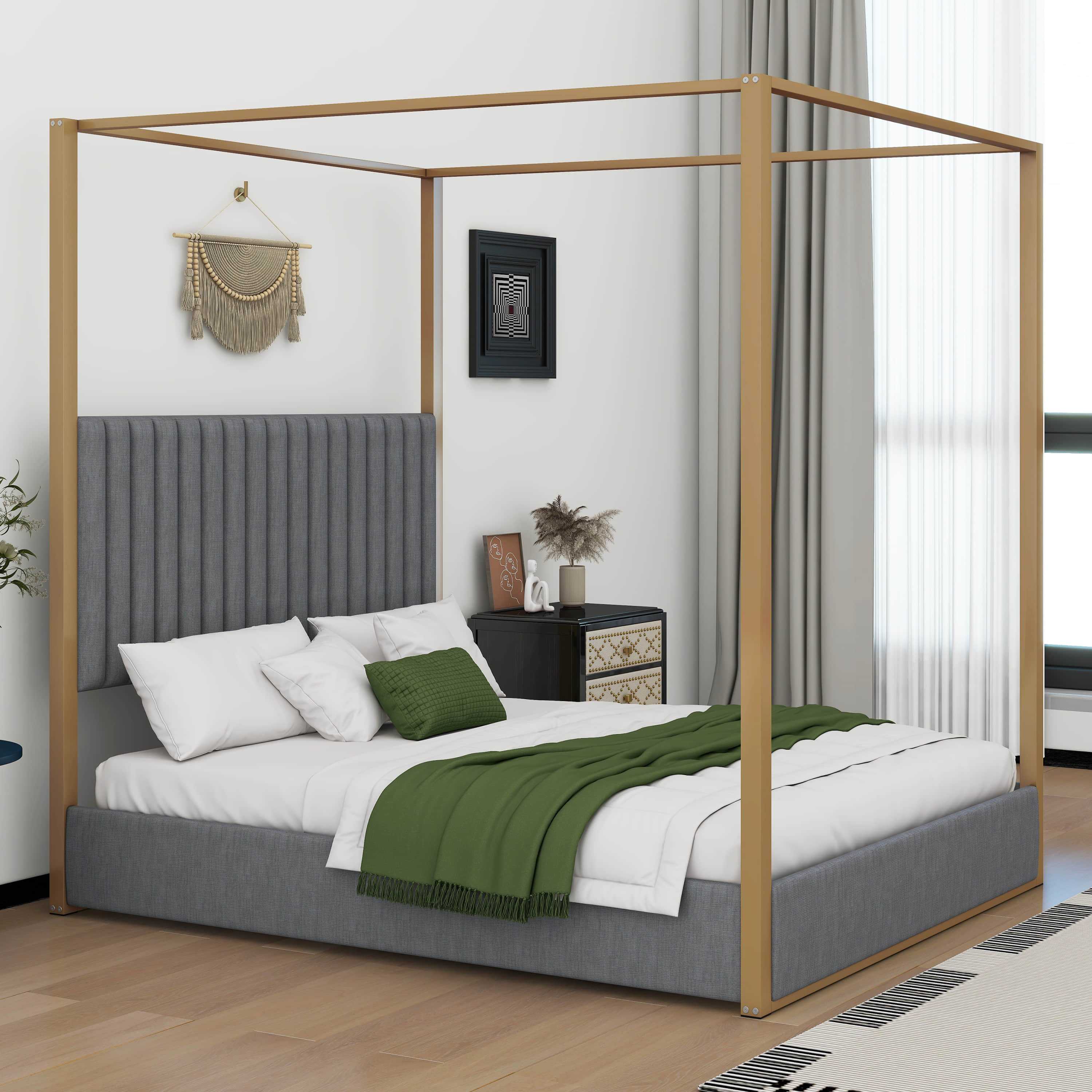 Wenty Upholstery Canopy Platform Bed With Headboard And Metal Frame ...