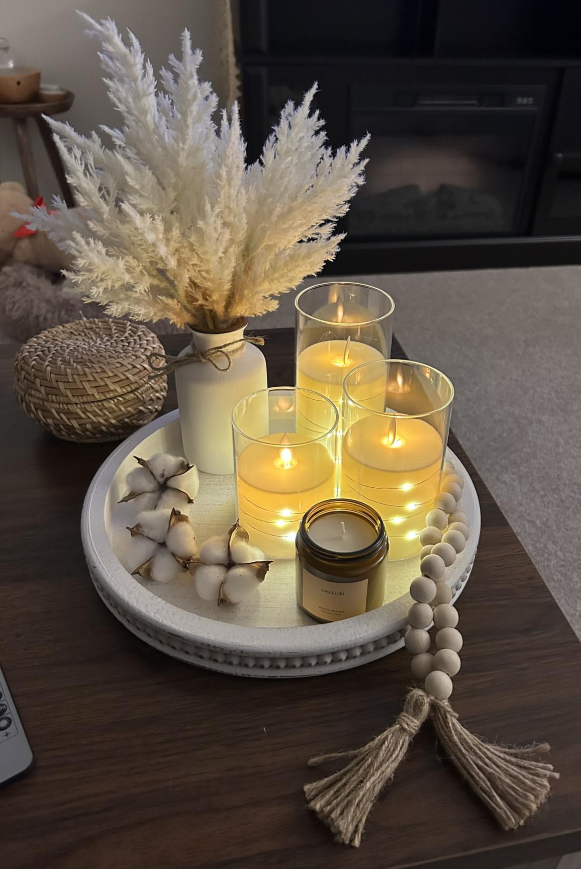 One Allium Way White Washed Bead Round Tray Decor Rustic Wooden Trays ...