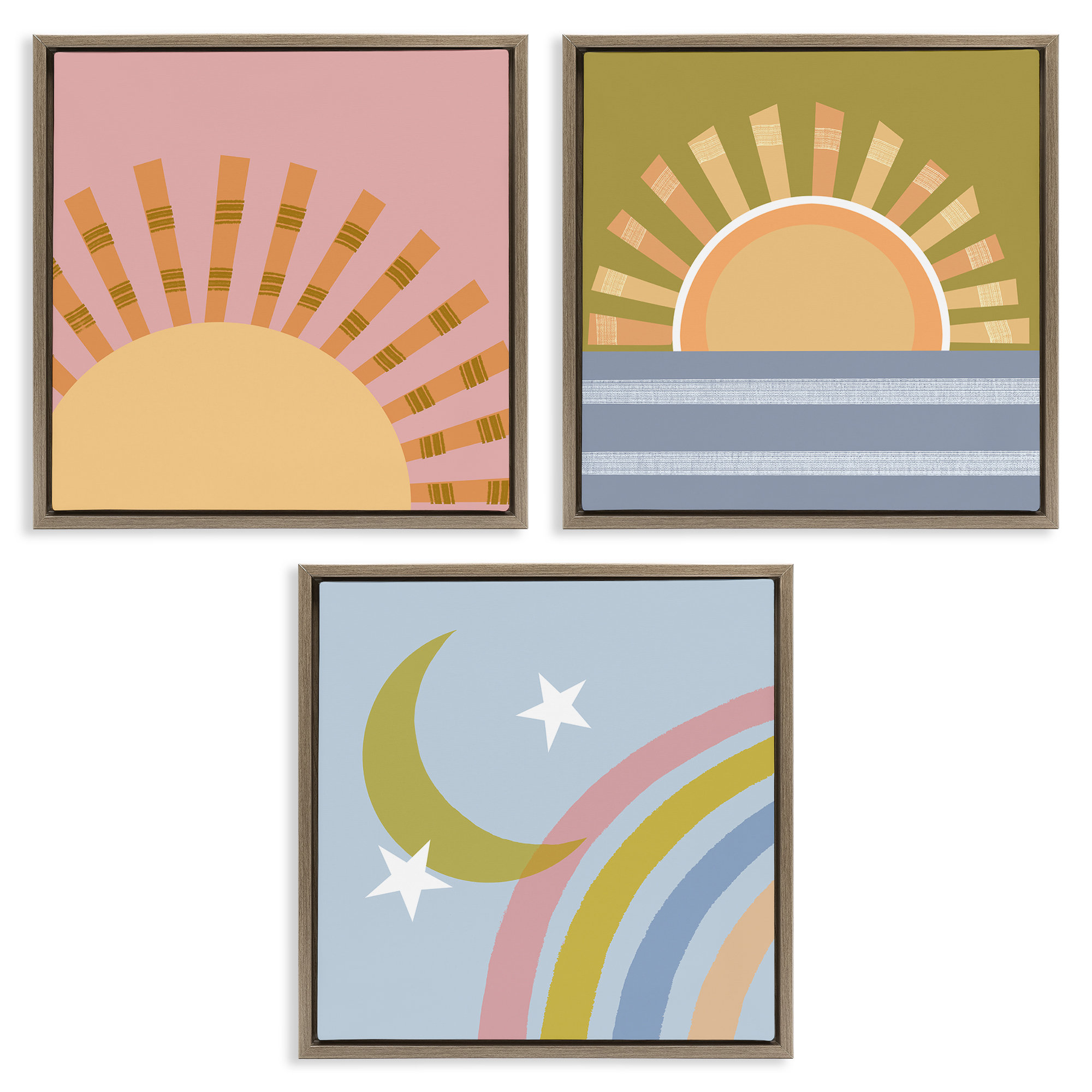 Ebern Designs Rising Sun & Moon 3 PC Framed Floater Canvas Set by Tina ...