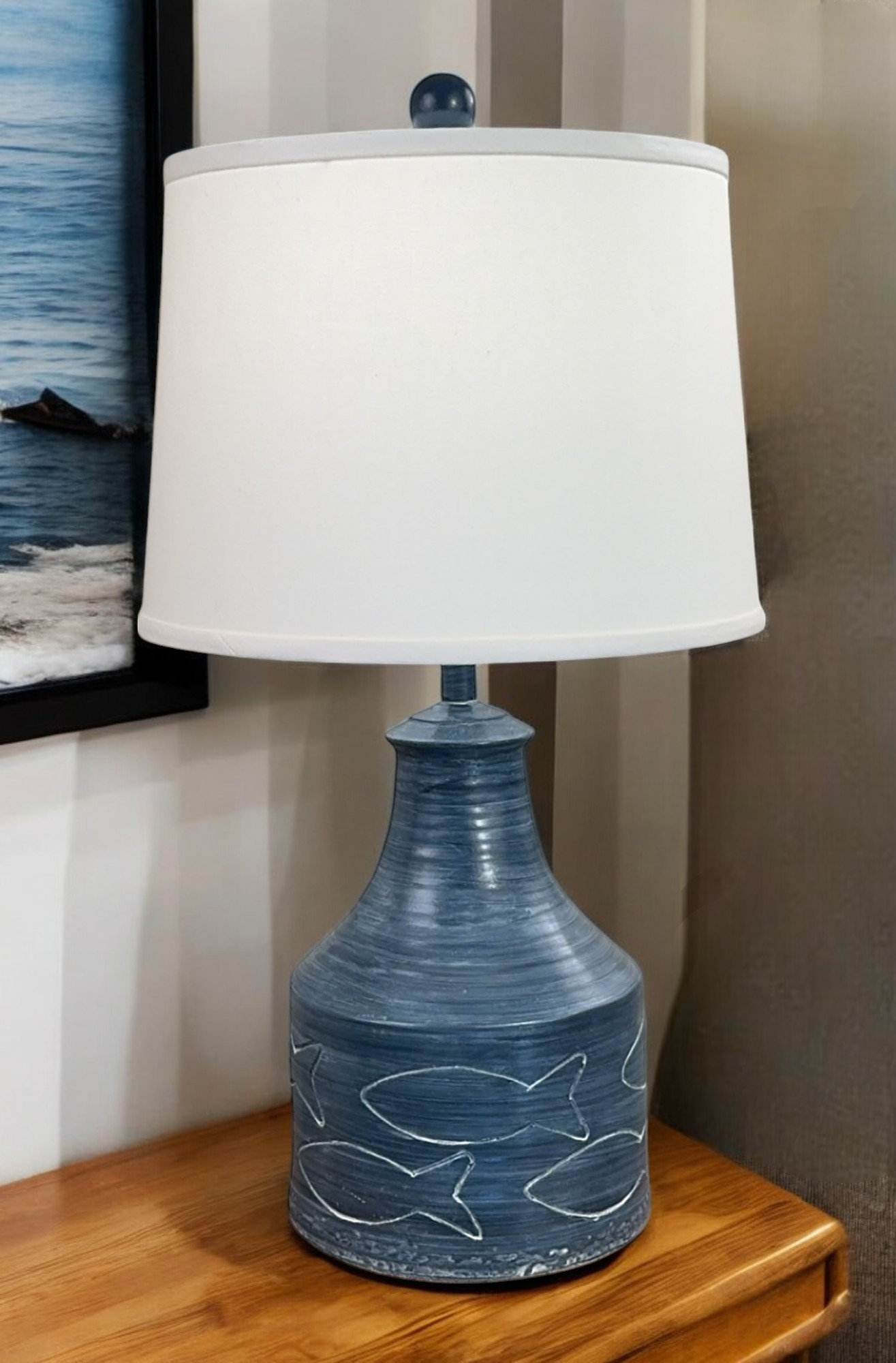 Longshore Tides White Washed Wide Clay Jug with Etched Fish | Wayfair