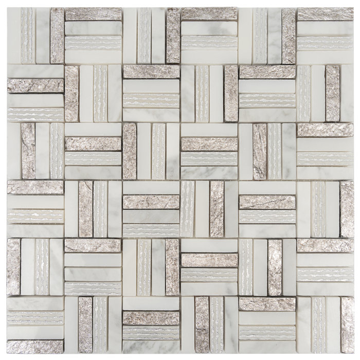 Artisana 12x12 in. Silver White Polished, Textured, Foiled Stone Block ...