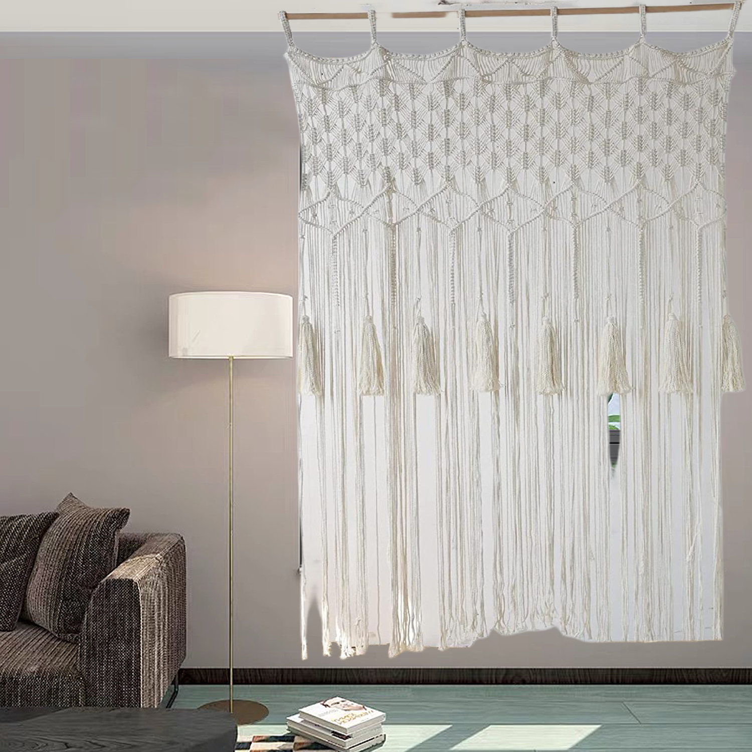 Frifoho Macrame 100% Cotton Geometric Sheer Track Insert Single Curtain ...