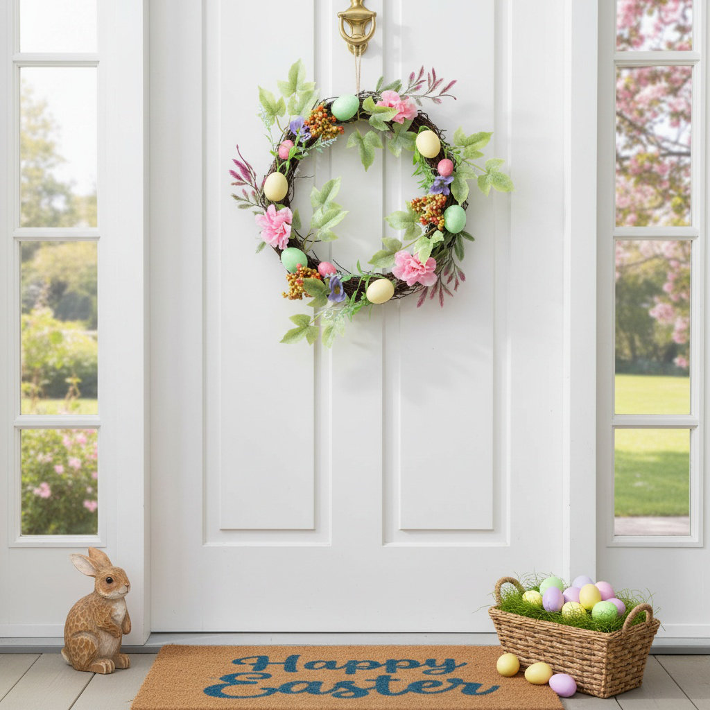 August Grove® Easter Egg Wreath For Front Door, Colorful Eggs Spring ...