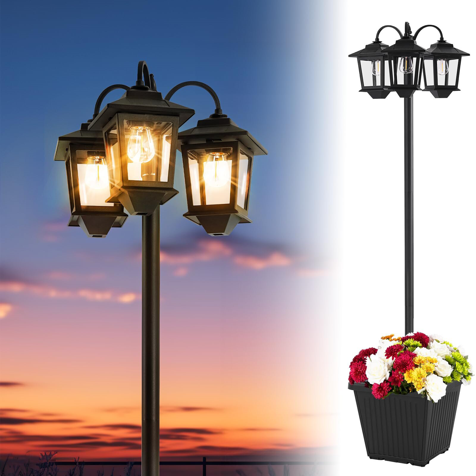 QOLFER 75" Solar Lamp Post Light with Planter, Outdoor Lamp Post Triple ...