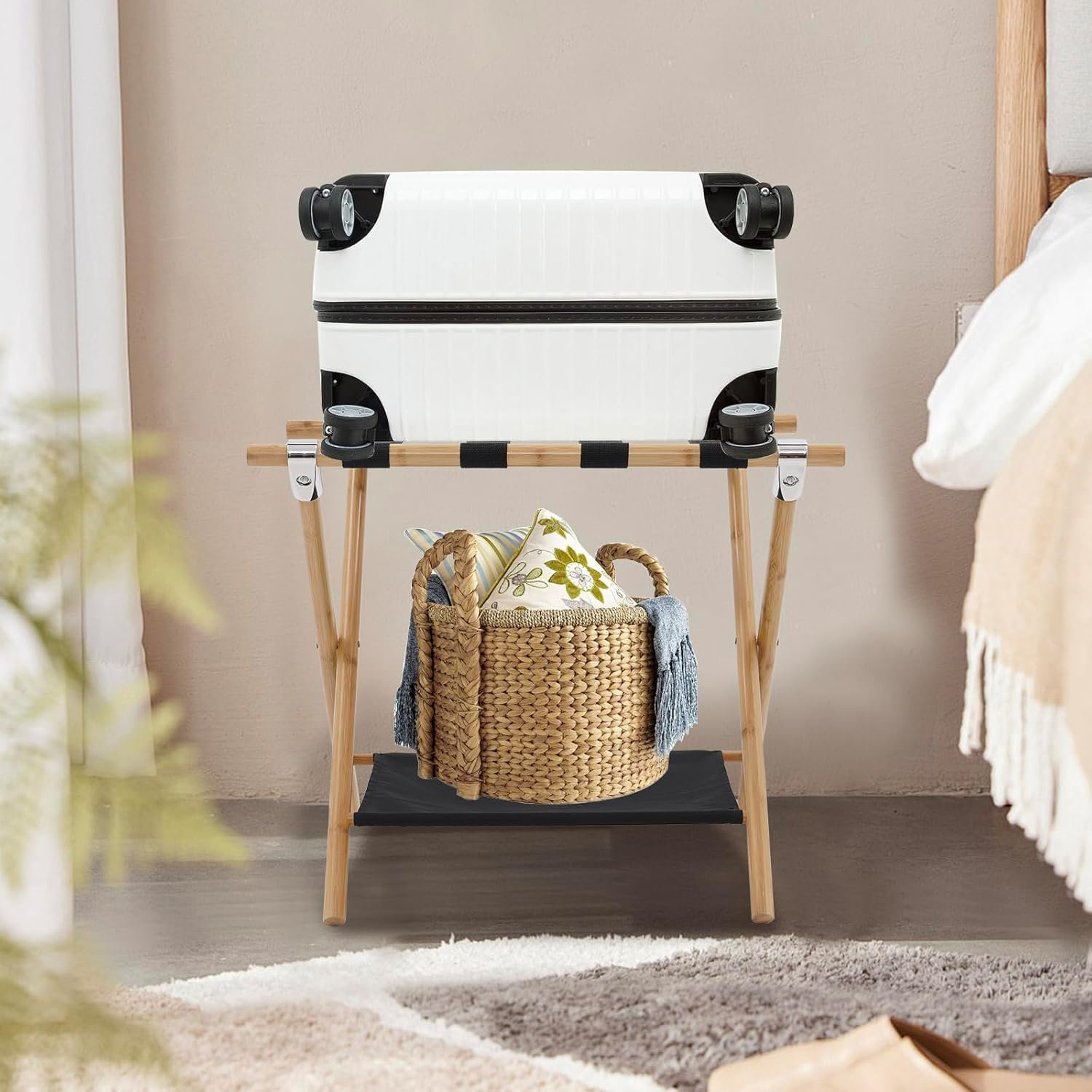 MEBROT Folding Luggage Rack With Storage Shelf, Suitcase Stand For ...