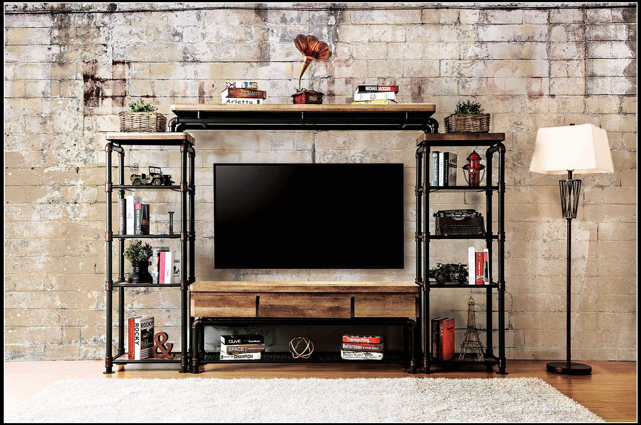 17 Stories Industrial Style TV Console with Bridge Pipe Frame, Metal ...