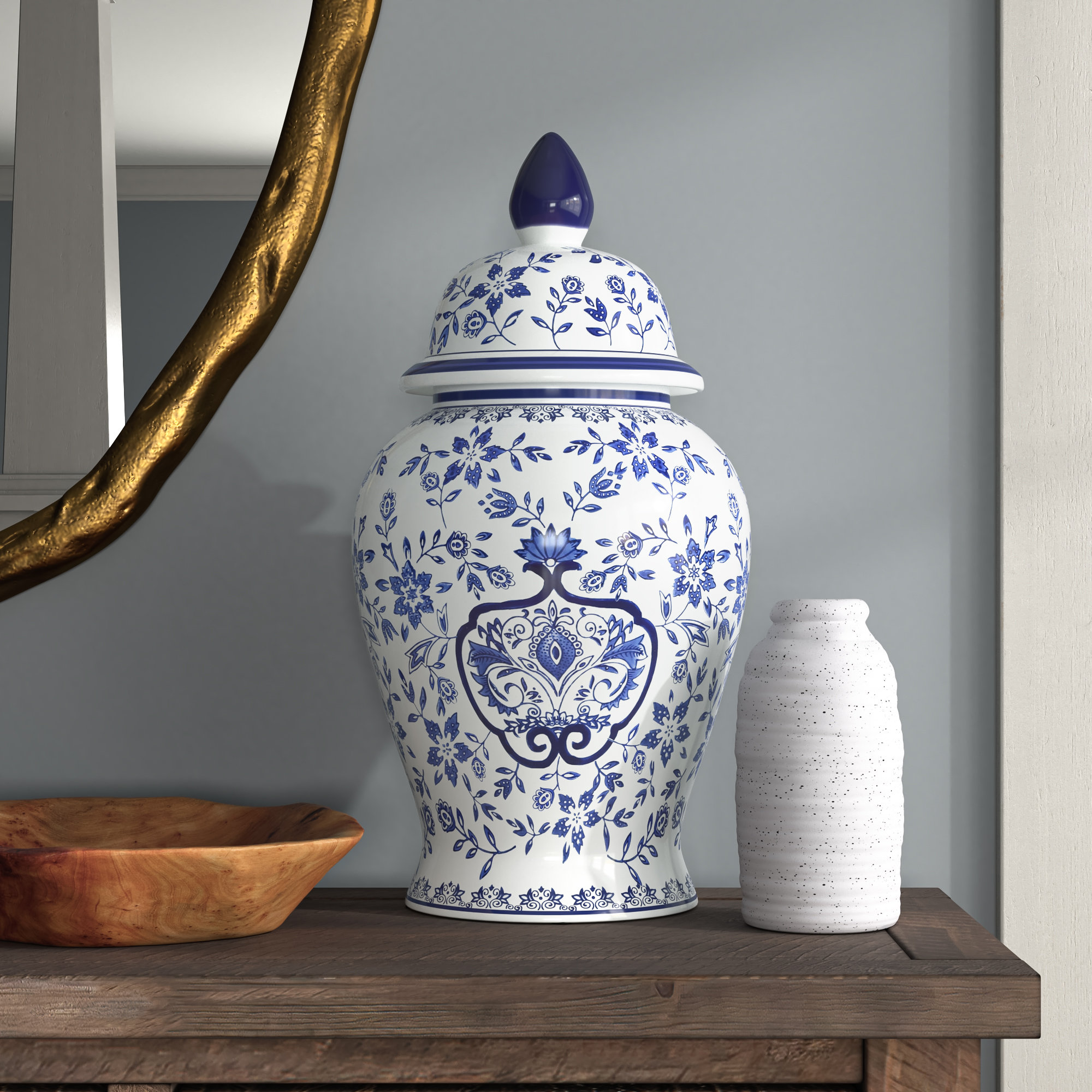 Lark Manor™ Blue Ceramic Temple Jar Chinoiserie Charm, Home Decor ...