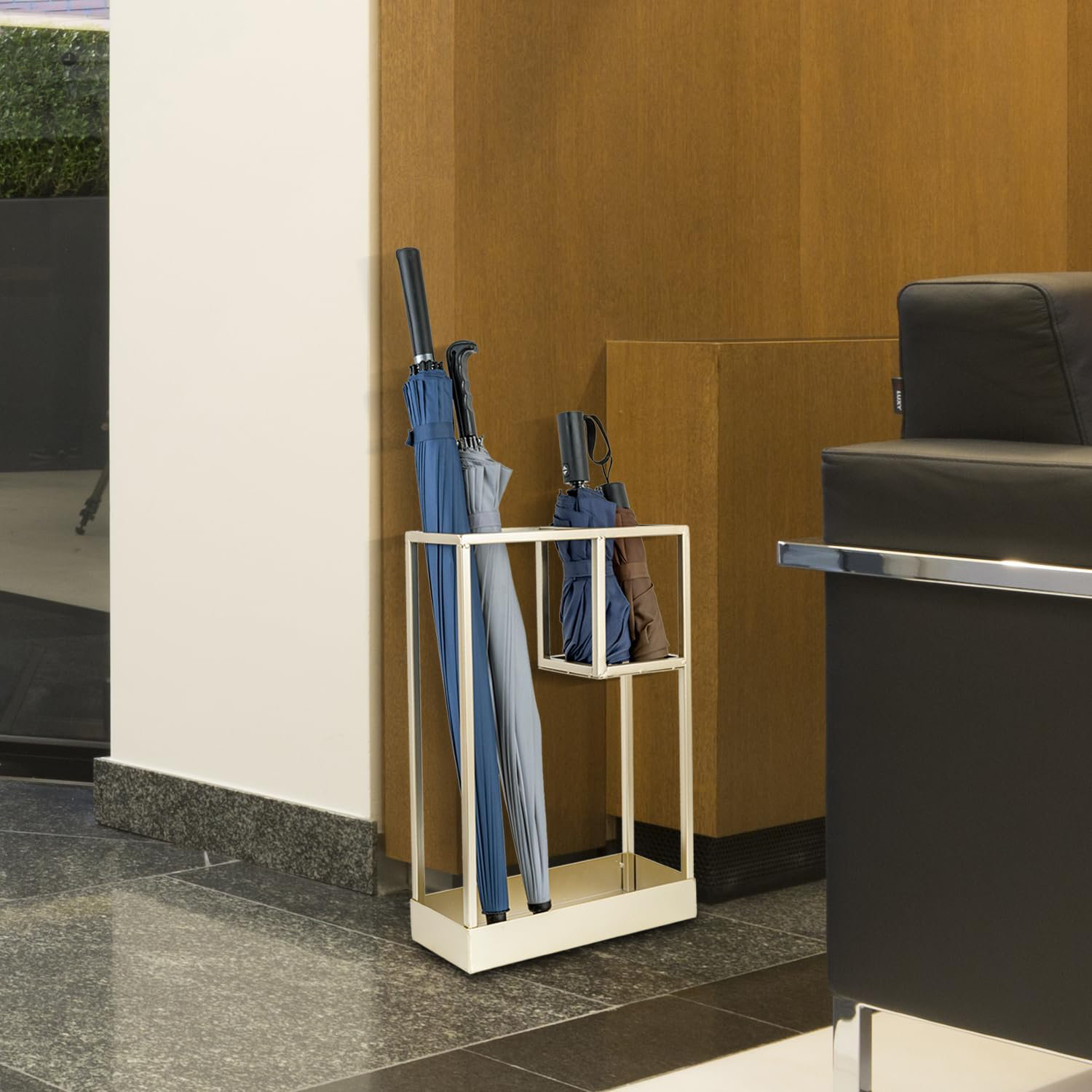 Orren Ellis Modern Geometric Brass-Tone Metal Umbrella Stand With Shelf ...