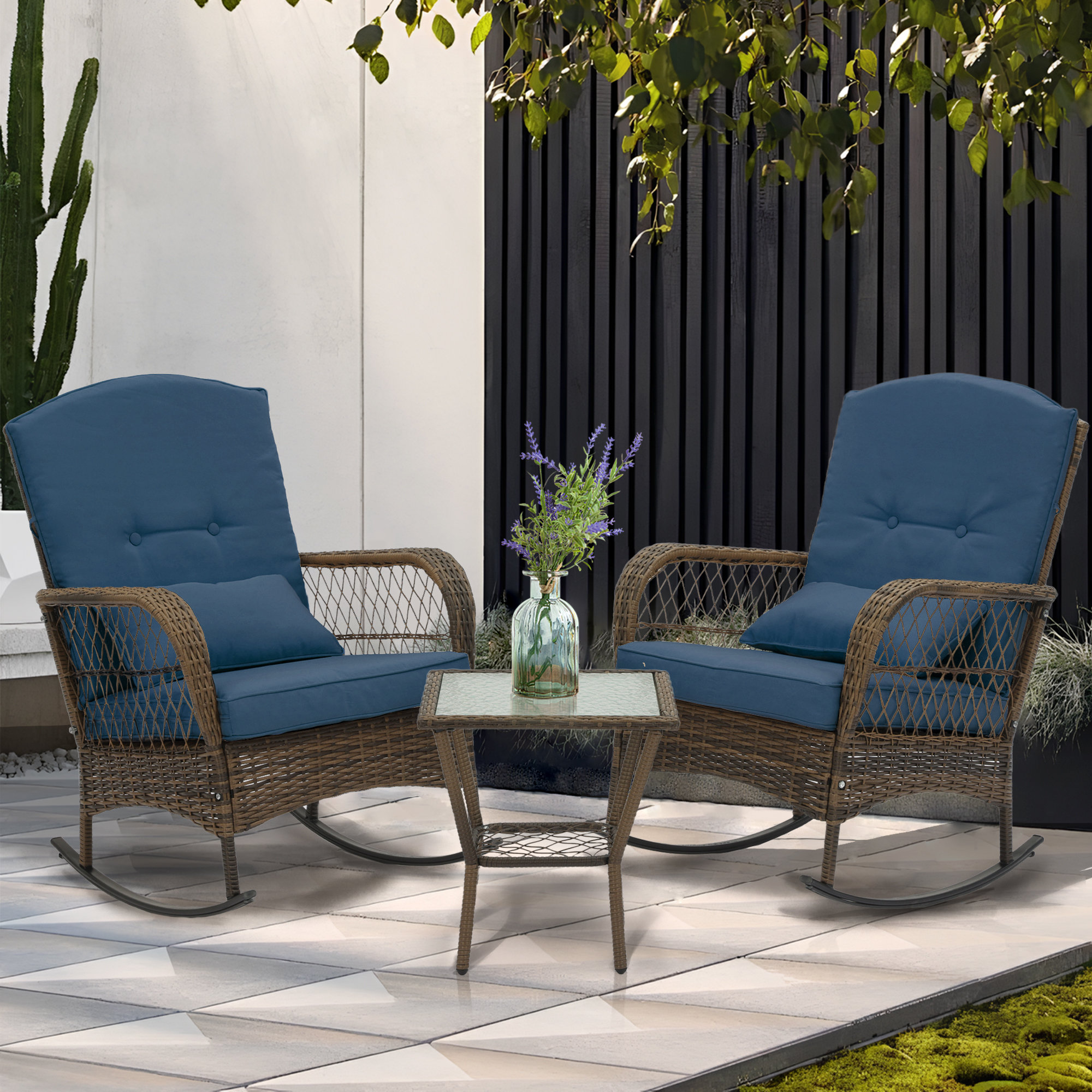 Winston Porter 3 Piece Wicker Rattan Outdoor Rocker Chair Set With Side ...