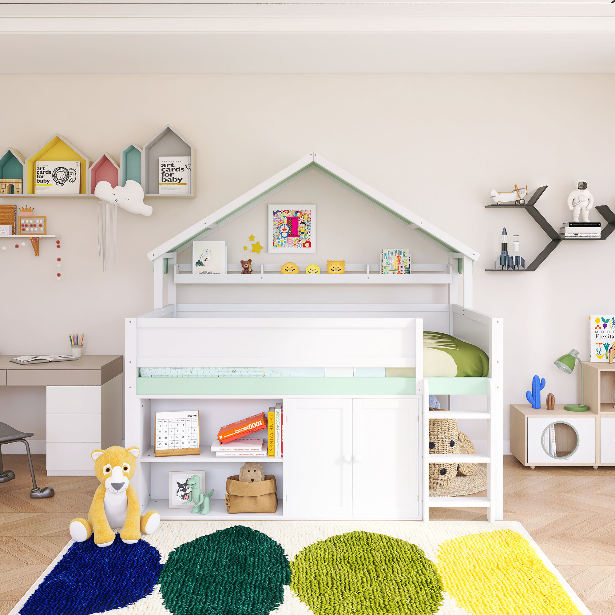 Harriet Bee Wood Frame Full Size Loft Bed With Canopy Roof And Storage ...