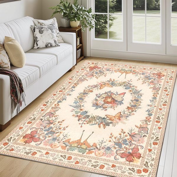 August Grove® Washable Area Rug Apricot Butterfly Soft Accent Carpet ...