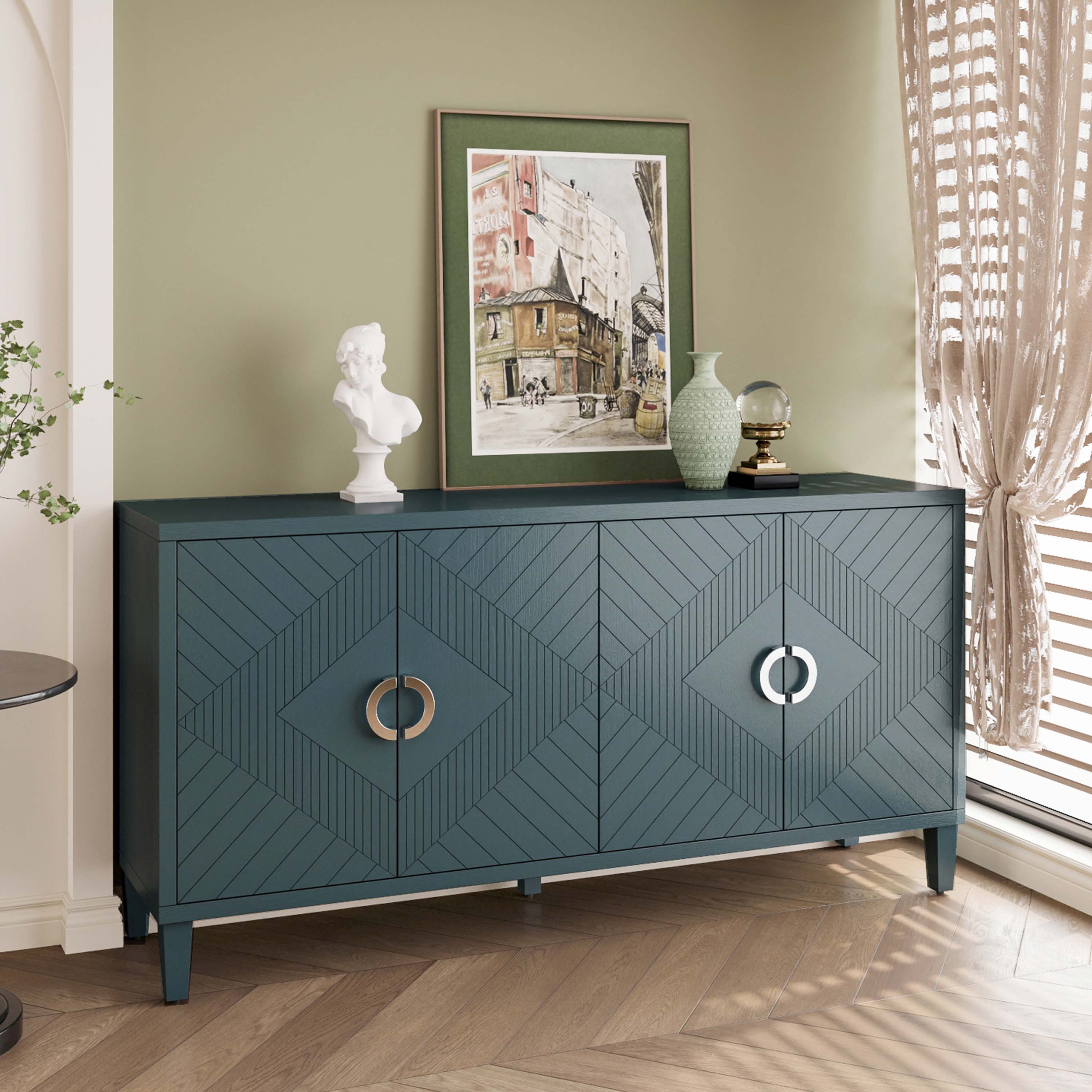 Latitude Run® Stylish and Functional 4-Door Storage Cabinet with Pine Legs and MDF | Wayfair