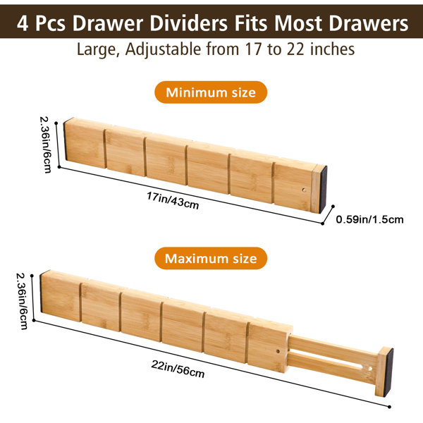 Rebrilliant Mikeil 4 Pieces Bamboo Expandable Drawer Dividers, Kitchen ...
