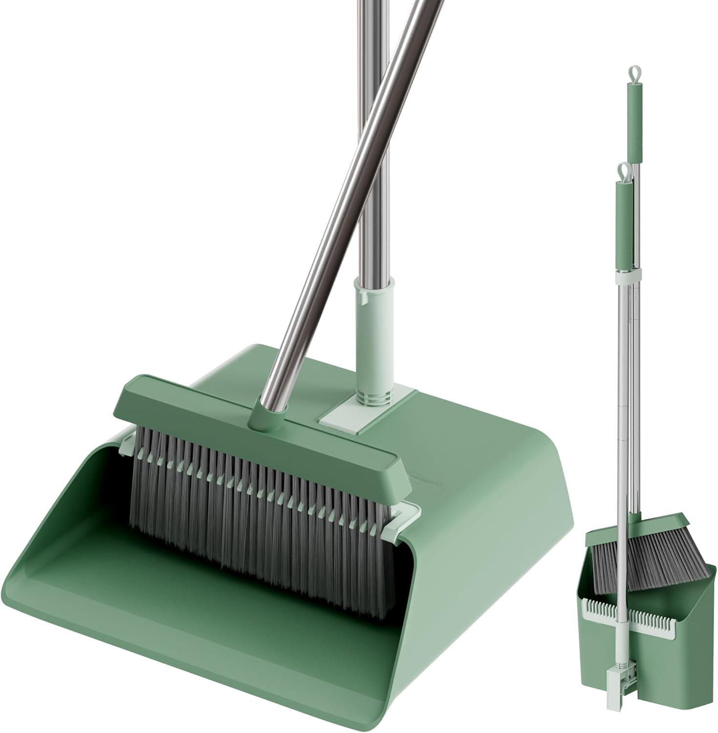 CHUANGWENYI Dark Teal Green Broom With Dustpan Combo Set, Upright Stand ...