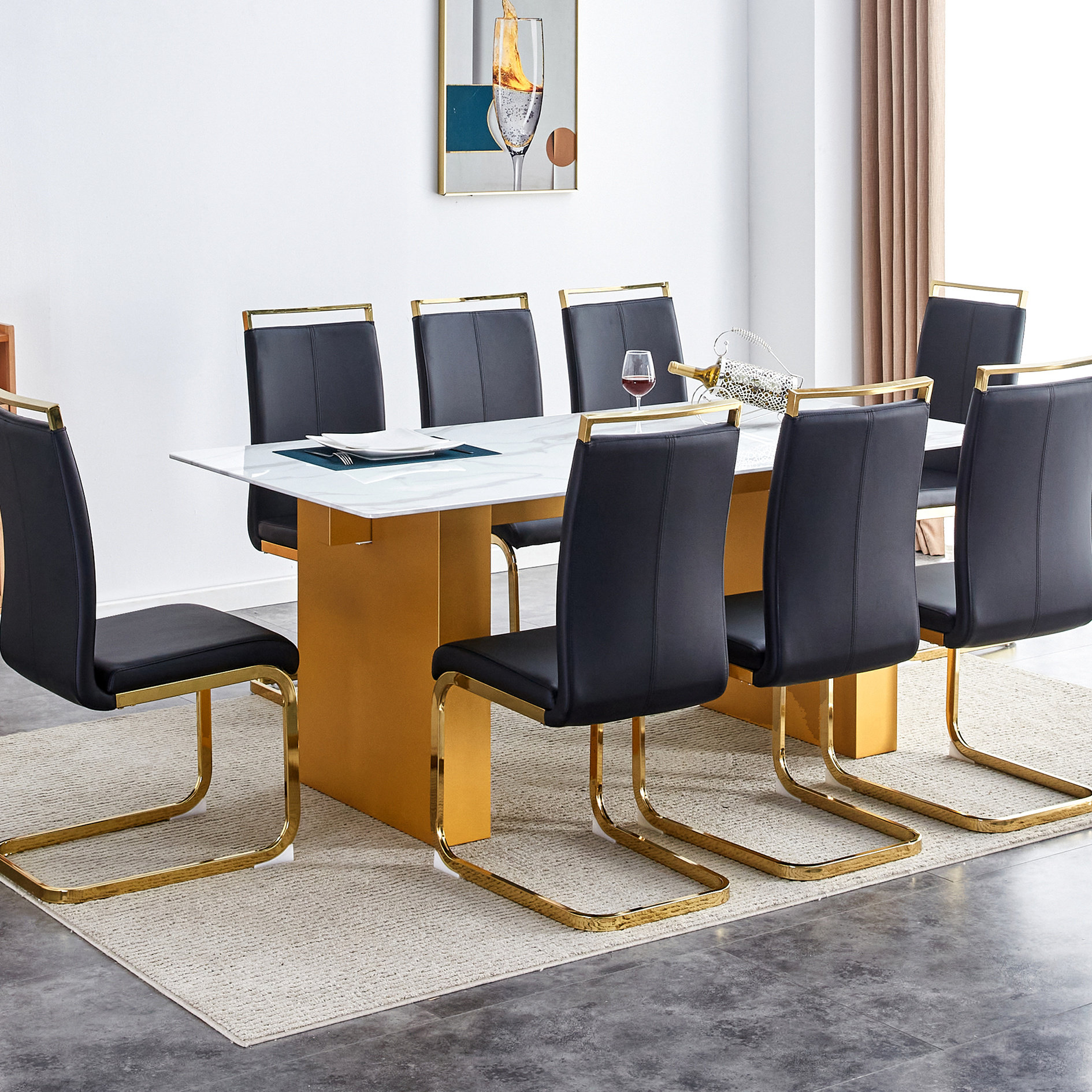 One Allium Way 8 Dining Ensemble: Table Legs And Golden Metal Chair ...