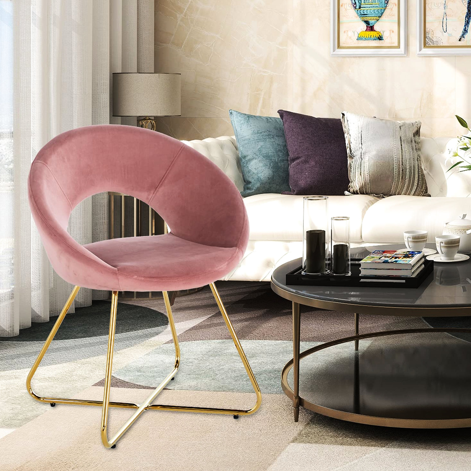 Red Barrel Studio® Modern Pink Velvet Dining Chair 2 - Golden Metal ...